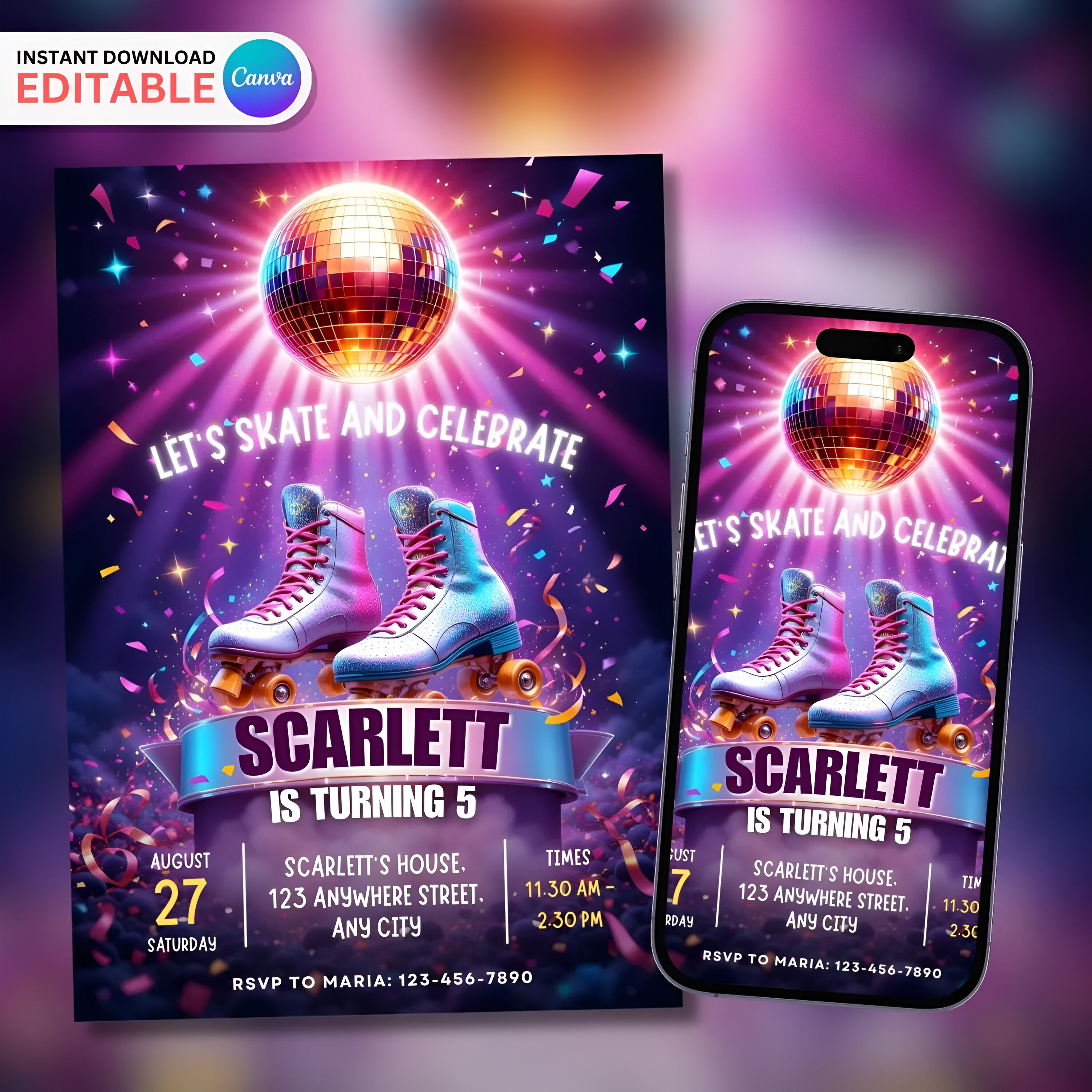 Roller disco party birthday invitation editable template, Rainbow glow ...