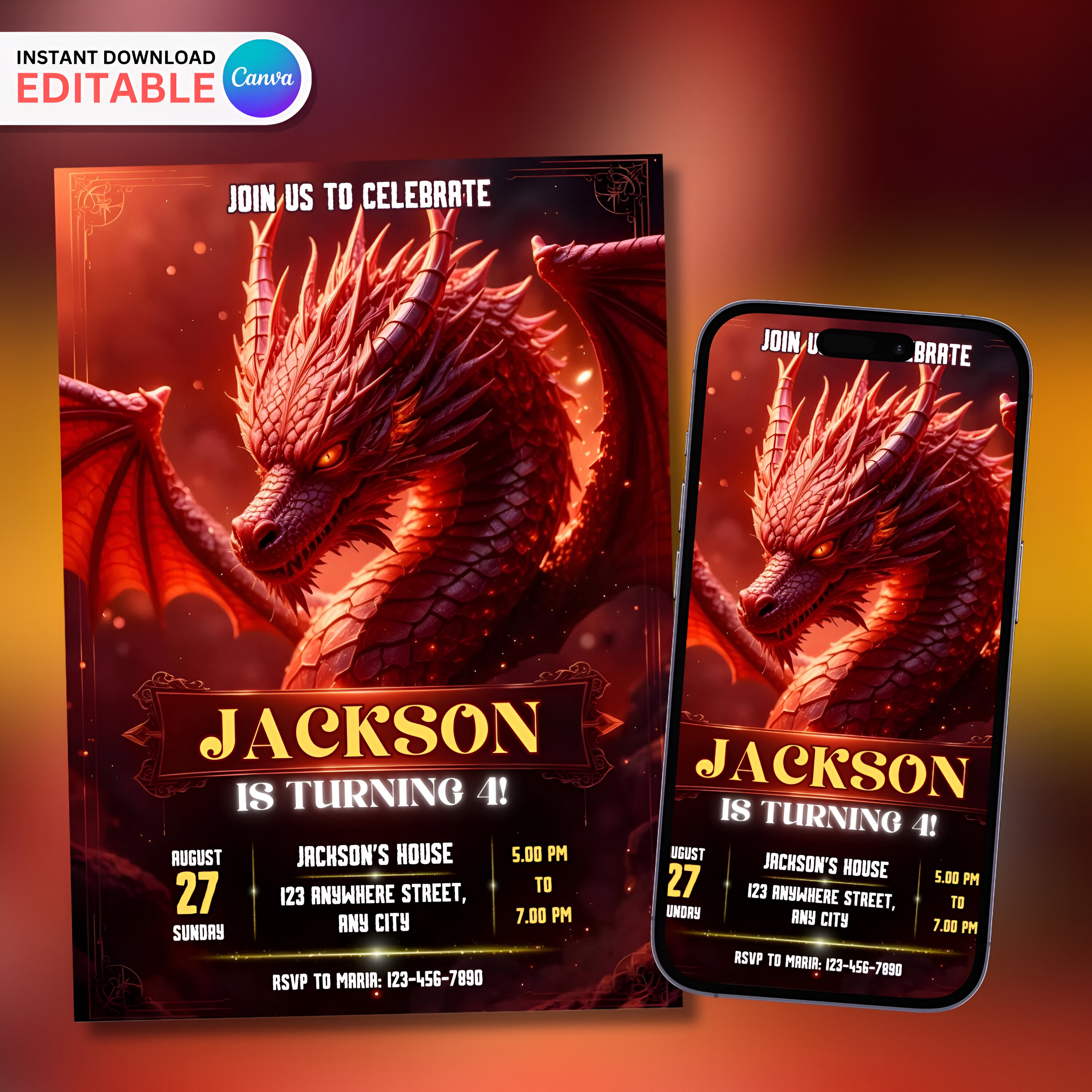 Editable Realistic Red Dragon Birthday Party Invitation Card, Editable ...