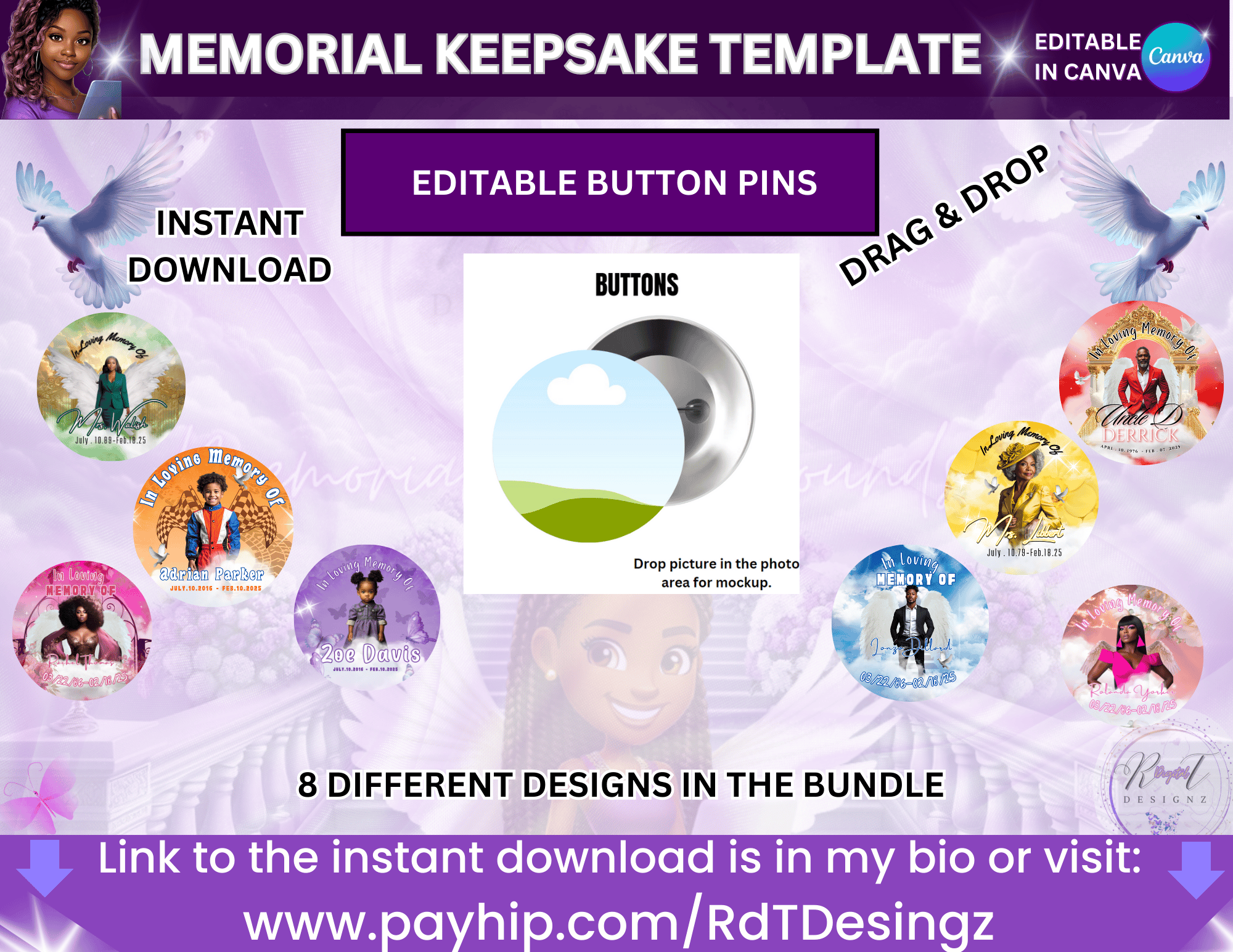 Memorial Button Pins Template - (8 Designs Available) - Payhip