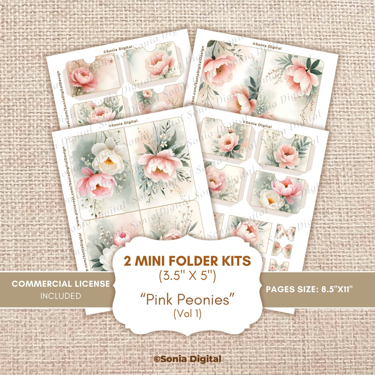 “Pink Peonies”: 2 Mini Folder Kits, Scrapbooking & Junk Journal creations.