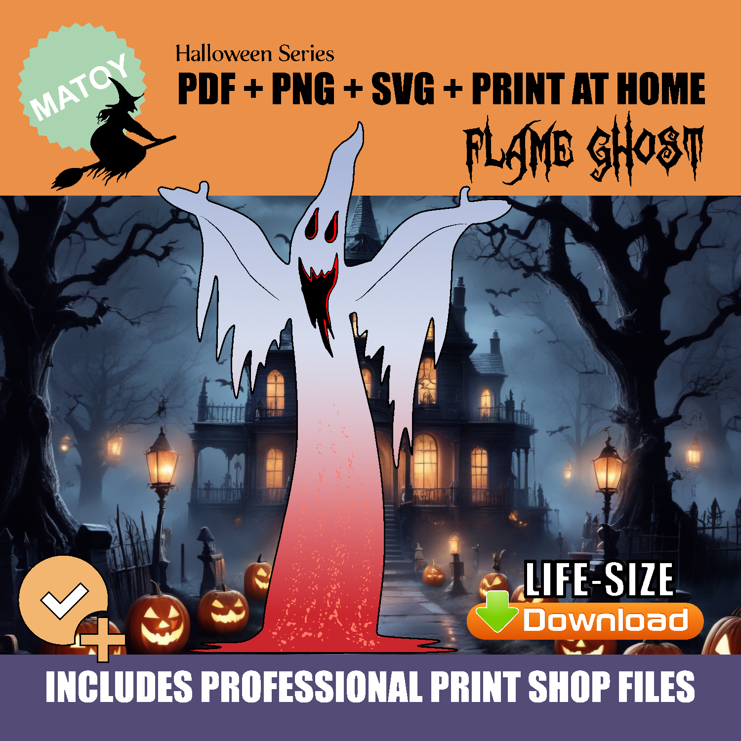Flame Ghost Halloween Yard Art Pattern | Full-Color Printable and ...