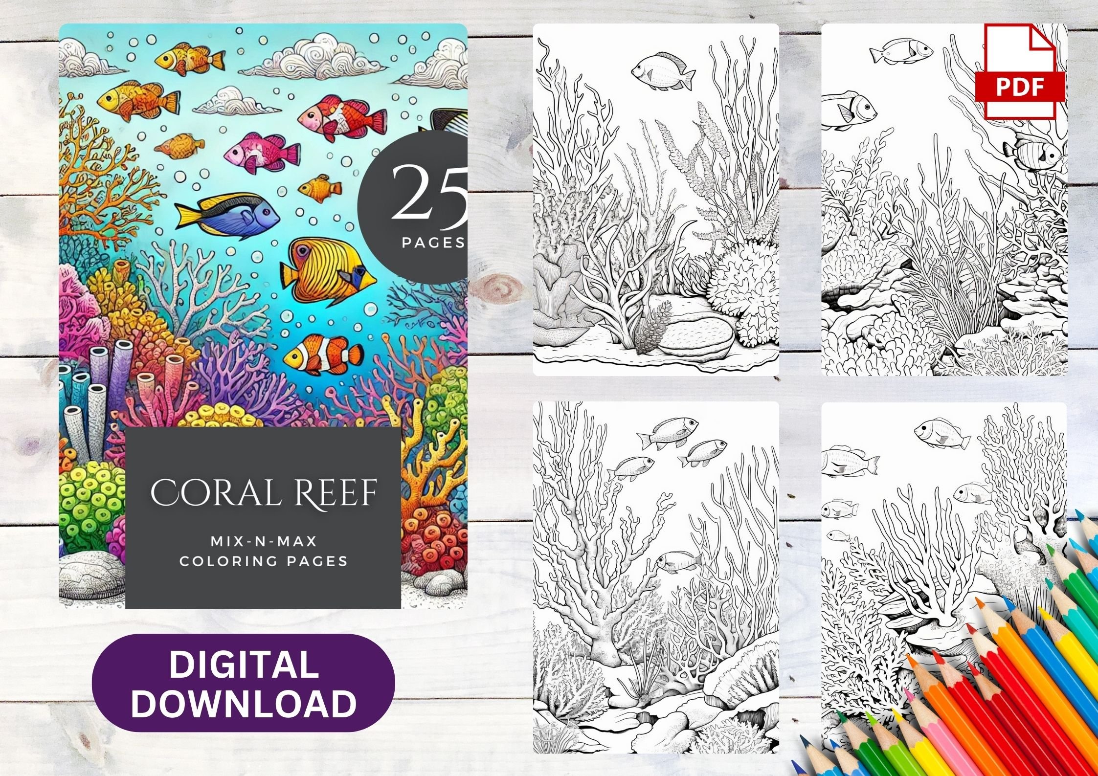 Coral Reef Coloring Book, 25 Printable Pages Featuring Underwater ...