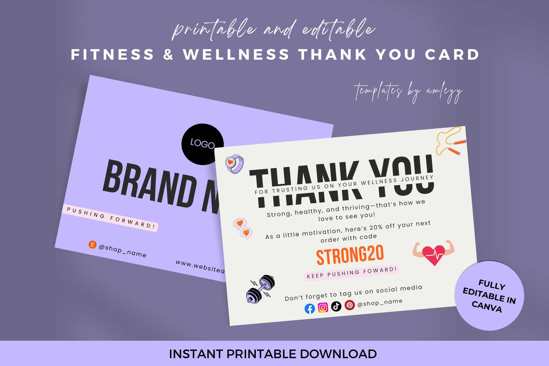 Fitness & Wellness Thank You Card Template | Editable Canva Design for ...
