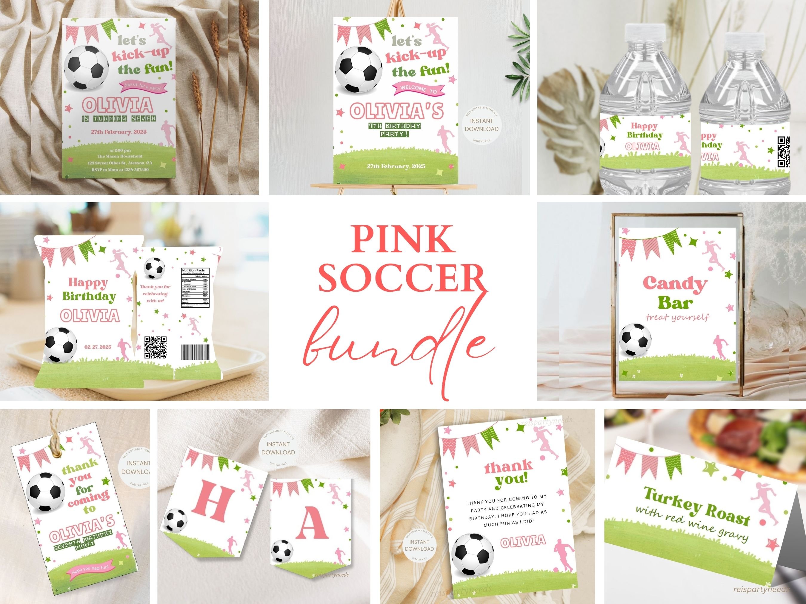 Girl Pink Soccer Party Bundle Template Invitation - Printable Football ...