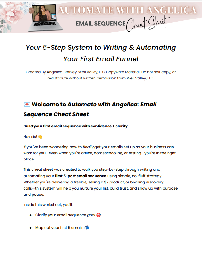 Automate With Angelica Email Sequence Cheat Sheet