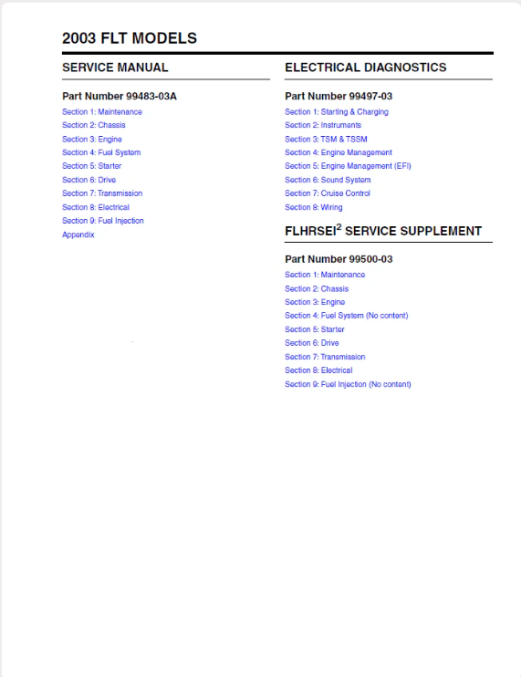 2003 Harley Davidson Touring FLT Service Manual Part 99483-03A ...