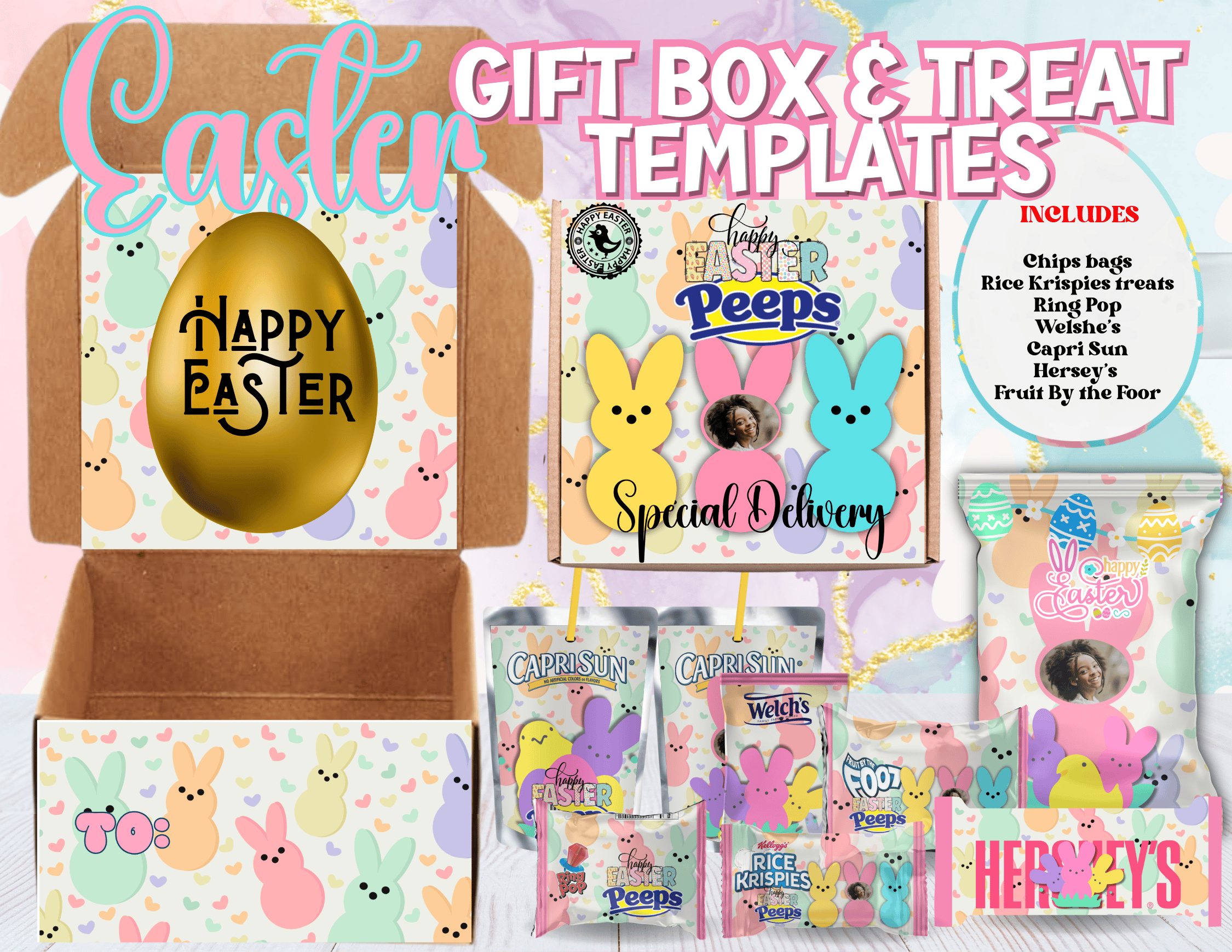 Editable 8x8x4 Easter Peeps Gift Box & Treats Template- PDF and Canva ...