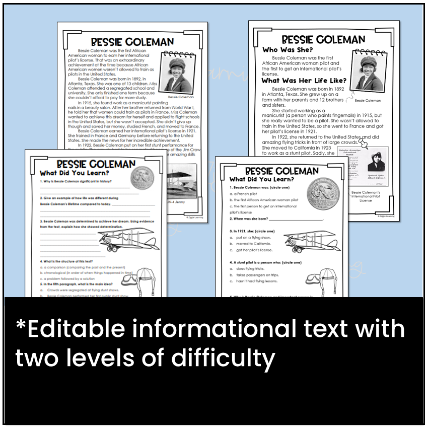 Bessie Coleman Activity Pack Reading Craft Timeline 1st, 2nd, 3rd, 4th ...