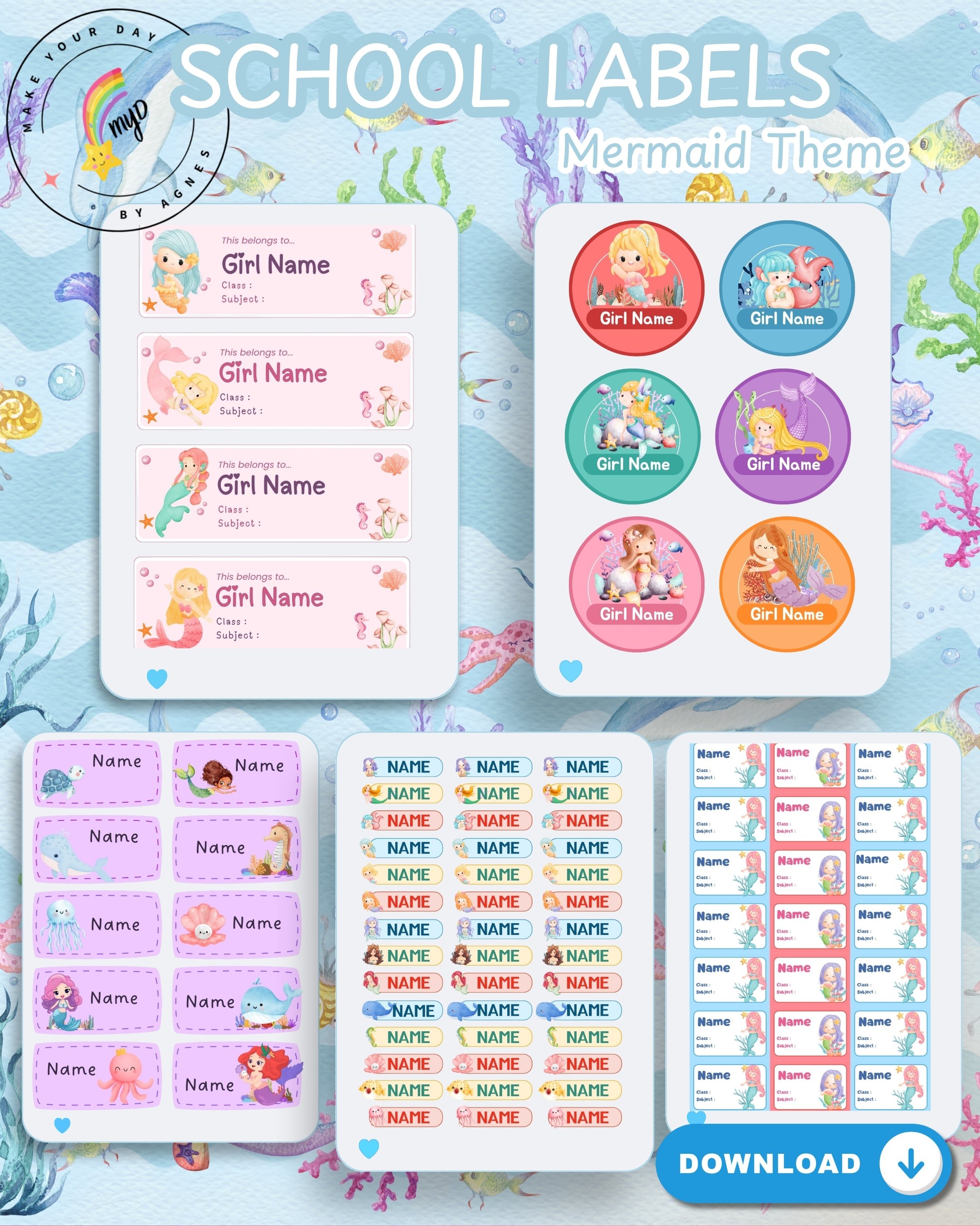 Mermaid student labels and school schedule editable template - Payhip