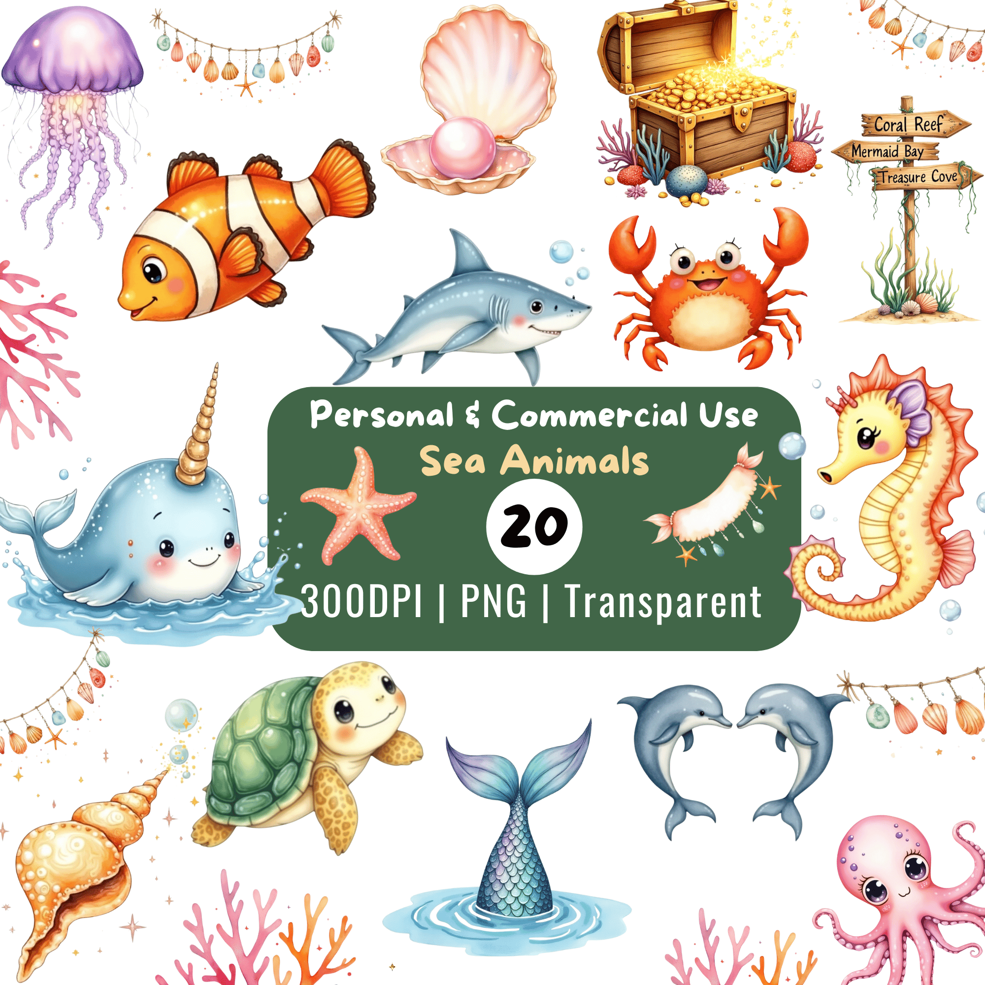 Watercolor Under The Sea Animals Clipart Bundle, Pastel Ocean Creatures ...
