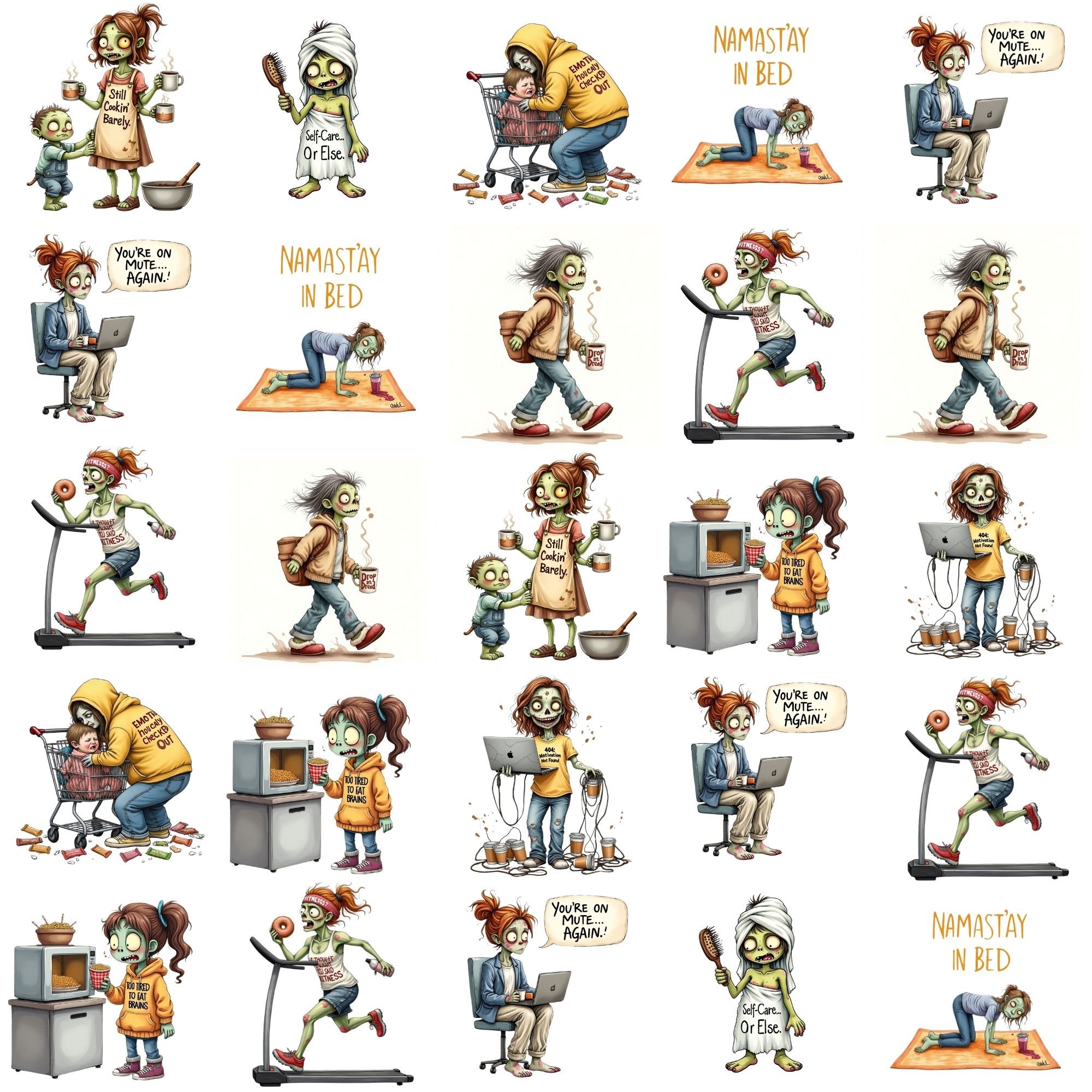 Exhausted zombie clipart bundle with tired funny undead characters for ...