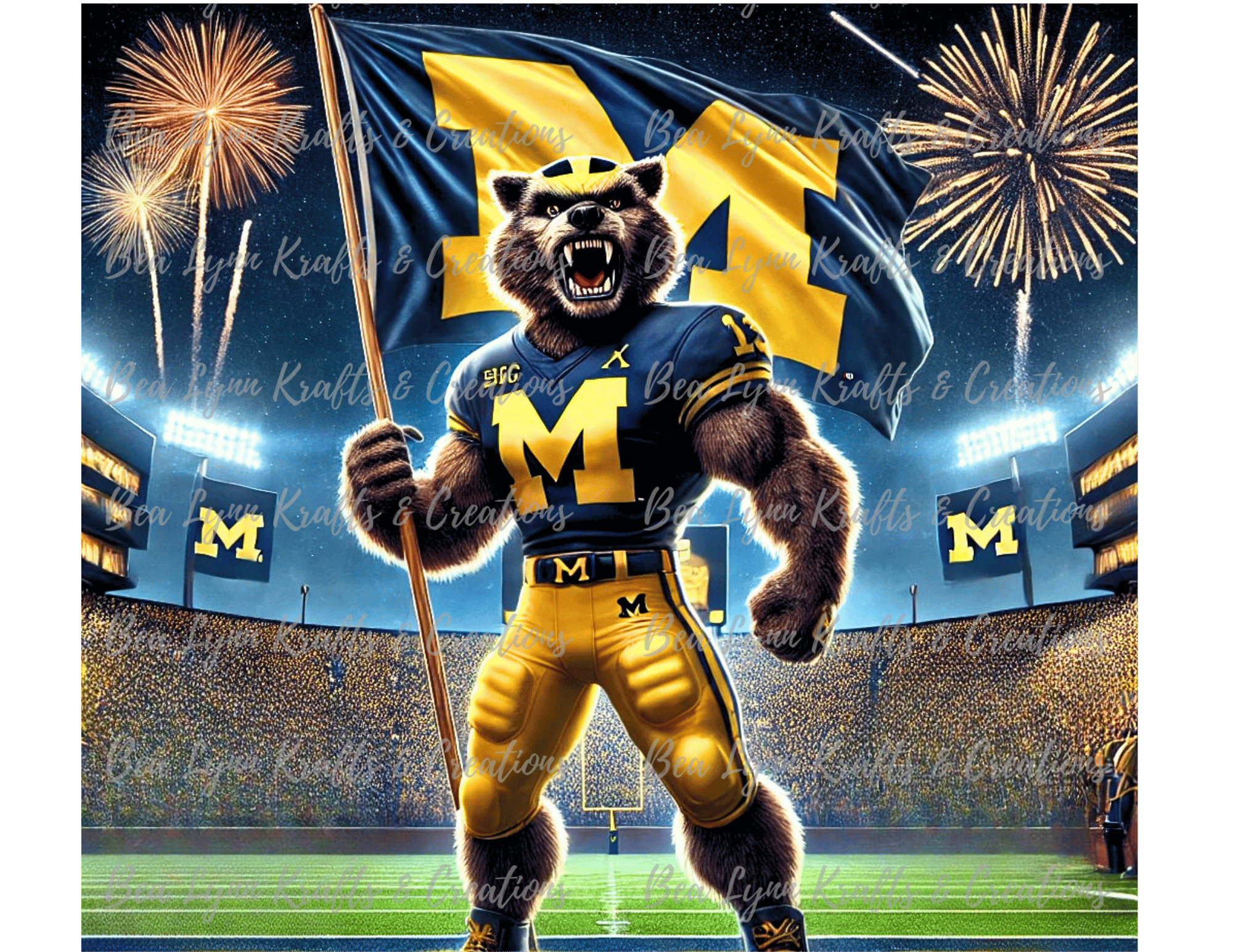 Epic Michigan Wolverine Mascot PNG – Holding Big M Flag with Fireworks ...