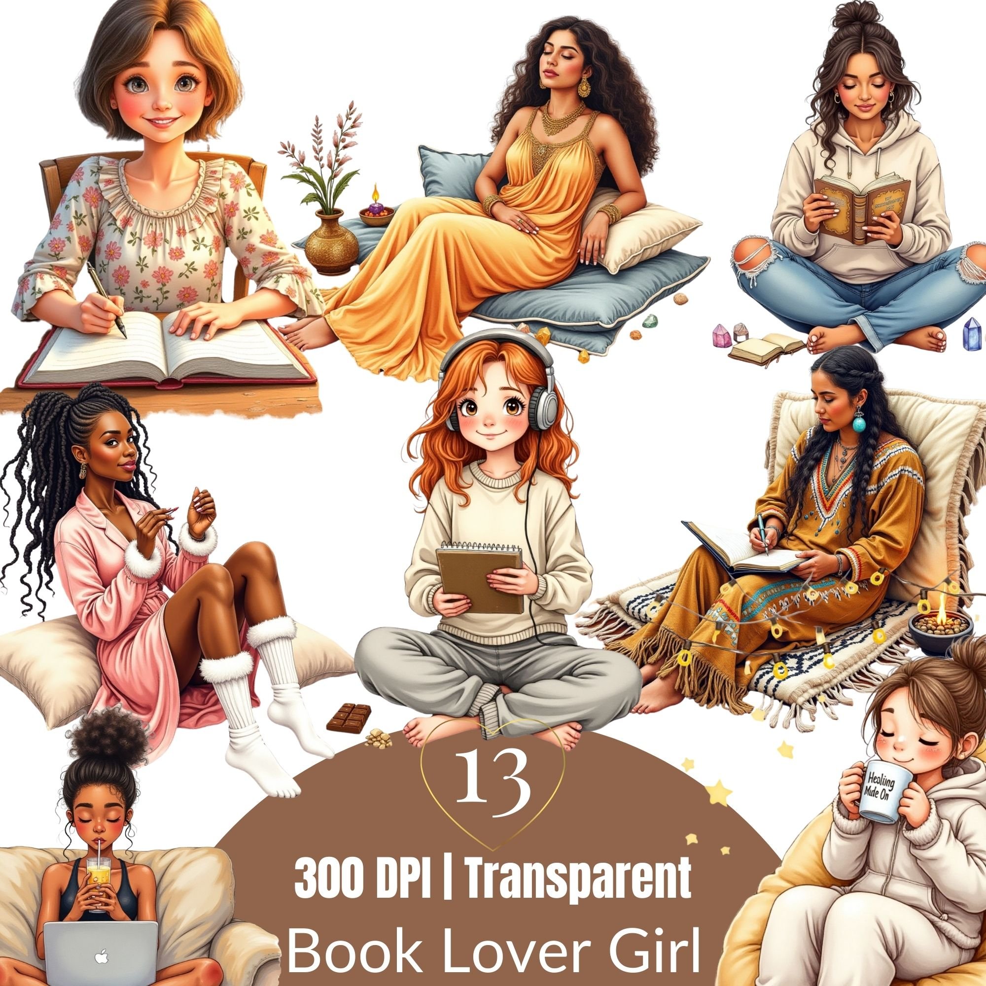 Book lover girl clipart bundle