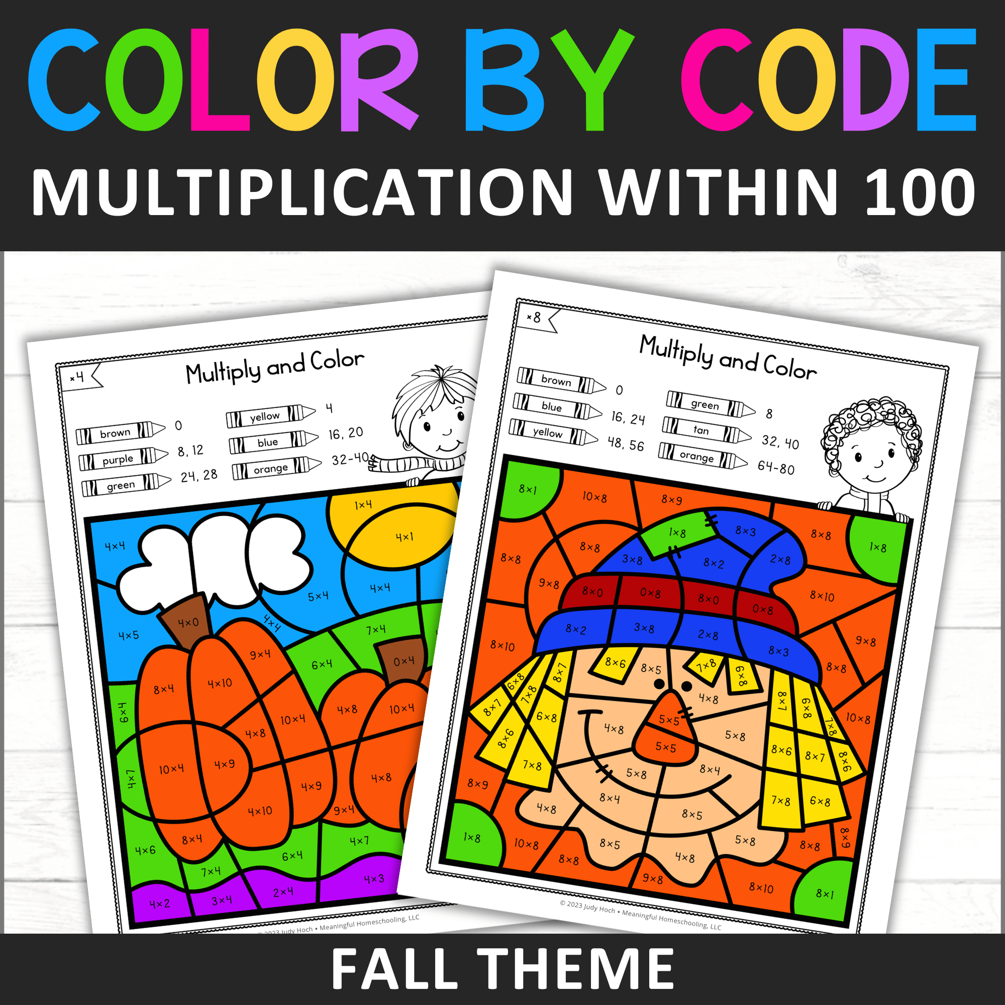 Fall Color by Code Multiplication Worksheets