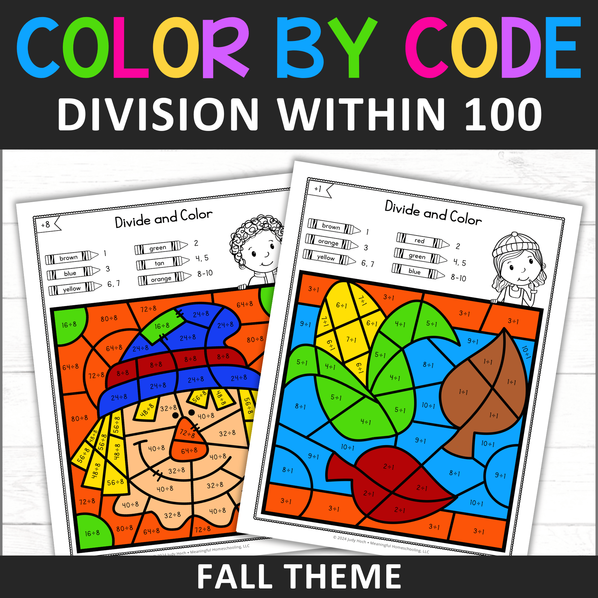 Fall Color by Code Division Worksheets