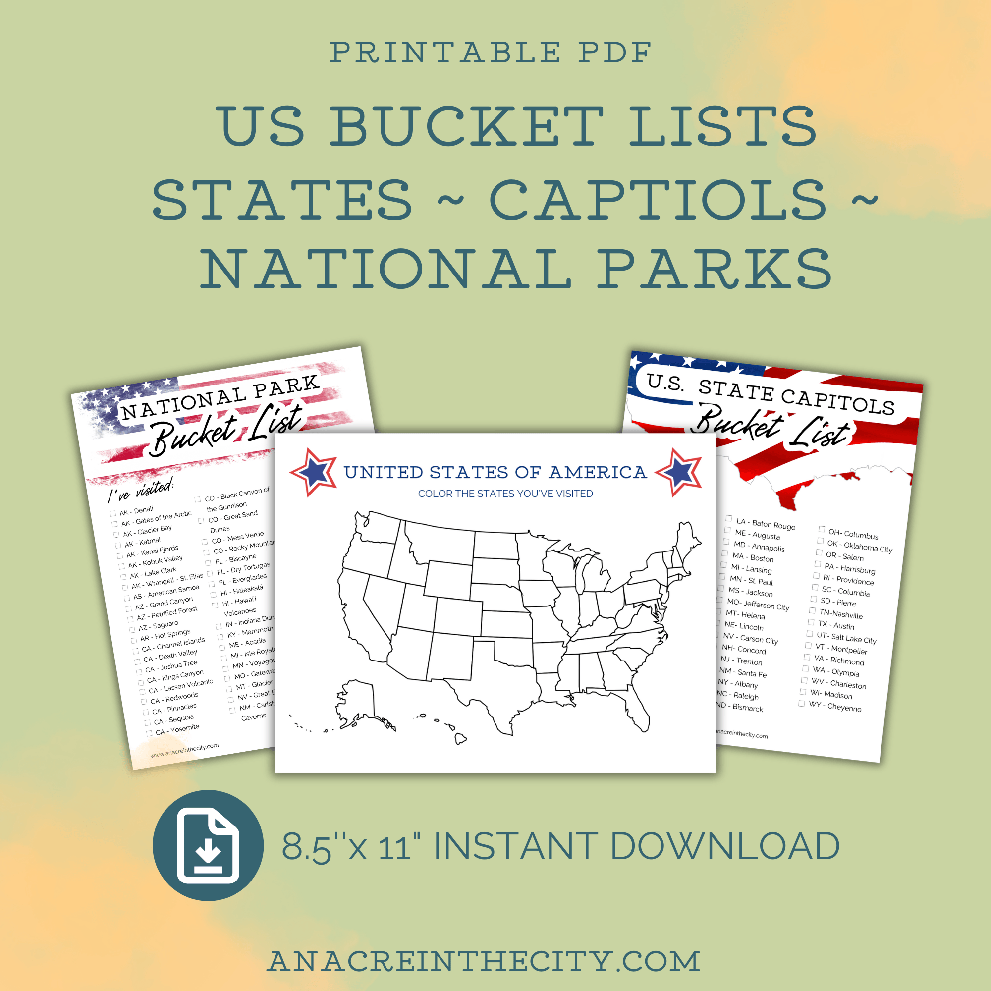 Ultimate US Travel Bucket List Printable • 50 States State Capitols ...