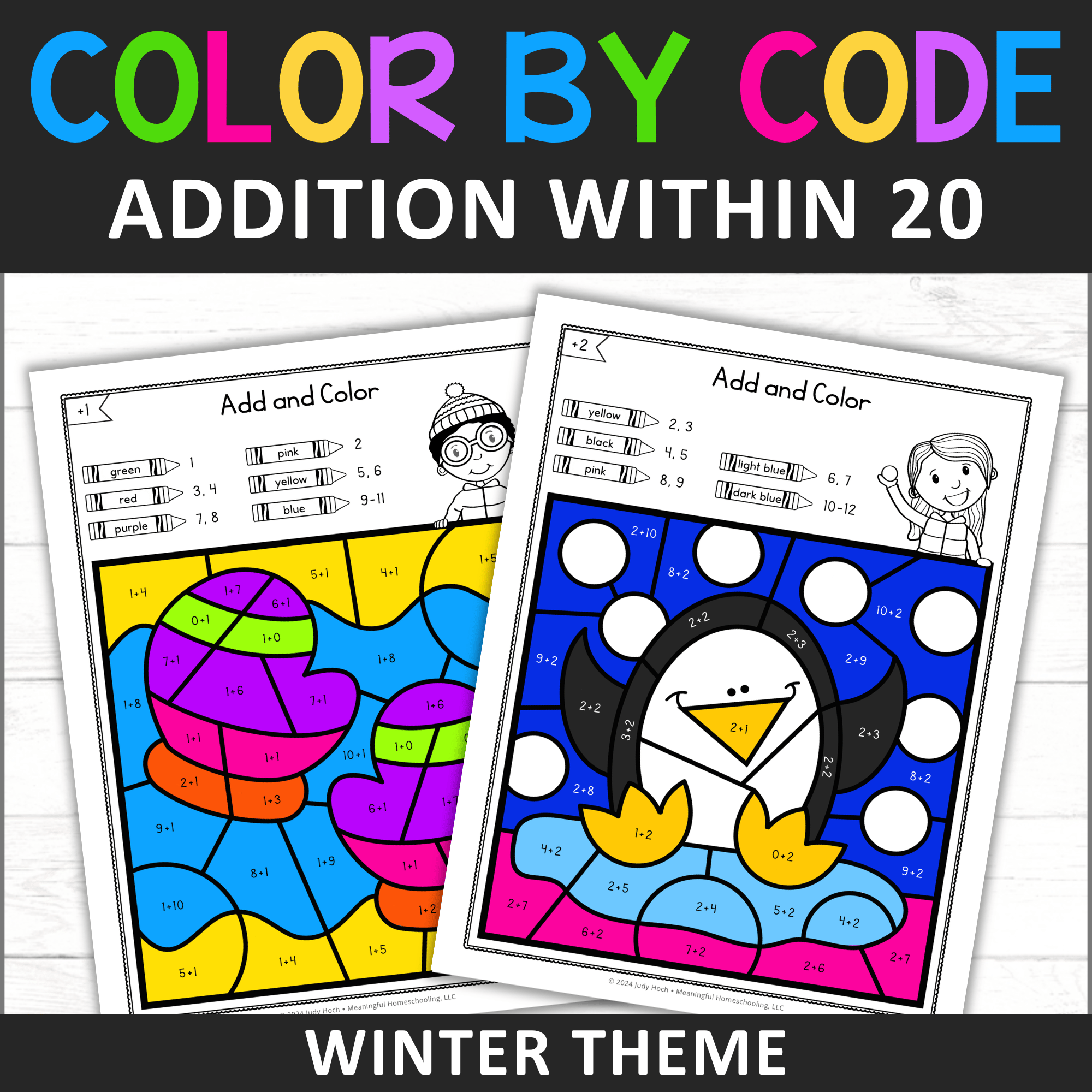 Winter Color by Code Addition Worksheets