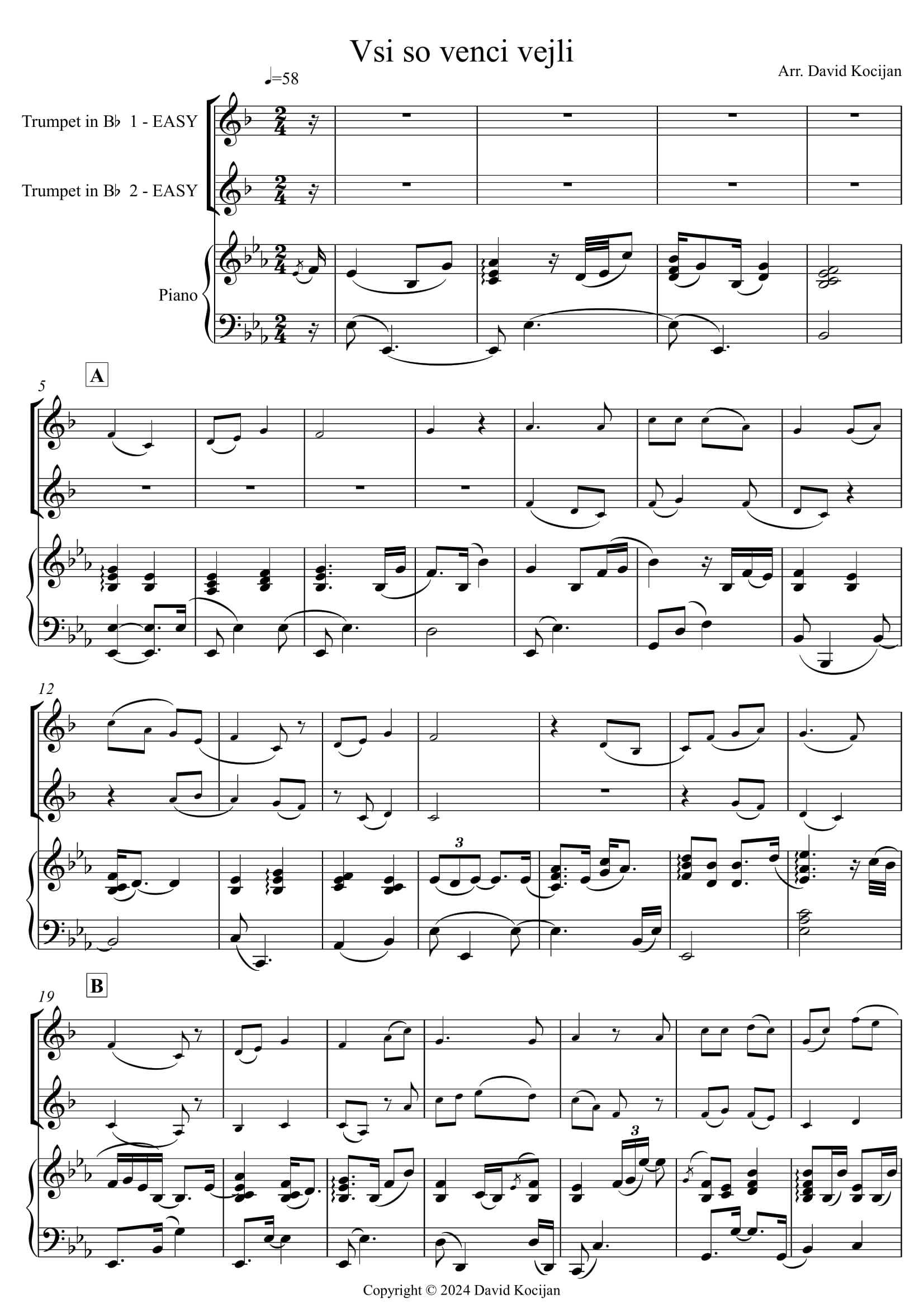 Vsi so venci vejli - TRIO EASY SHEET MUSIC (2 trumpets & piano ...