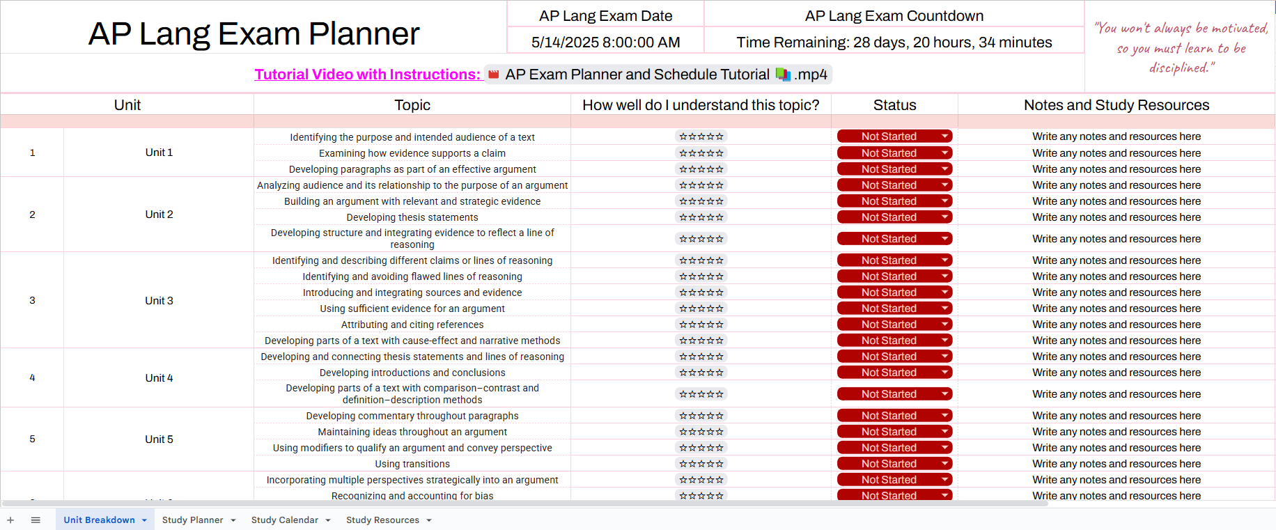 AP English Language and Composition Exam Study Planner and Schedule ...
