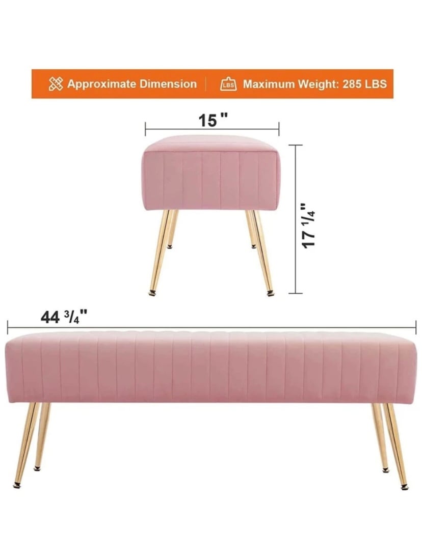 Blush Pink Velvet Bench — Gold Metal Legs | Modern Luxe Accent Seating ...