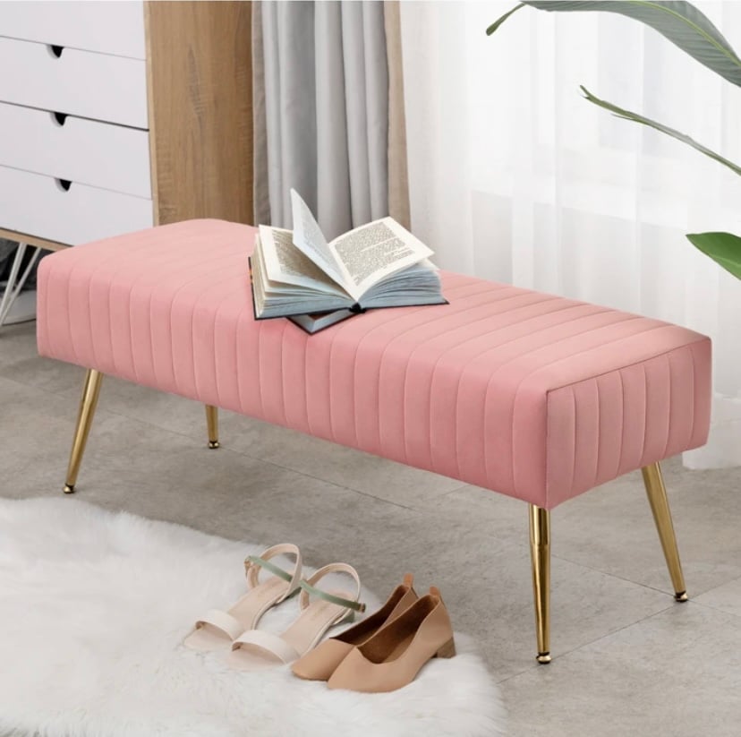 Blush Pink Velvet Bench — Gold Metal Legs | Modern Luxe Accent Seating ...