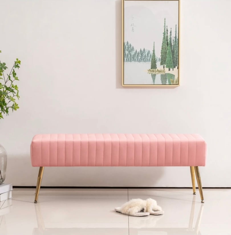 Blush Pink Velvet Bench — Gold Metal Legs | Modern Luxe Accent Seating ...