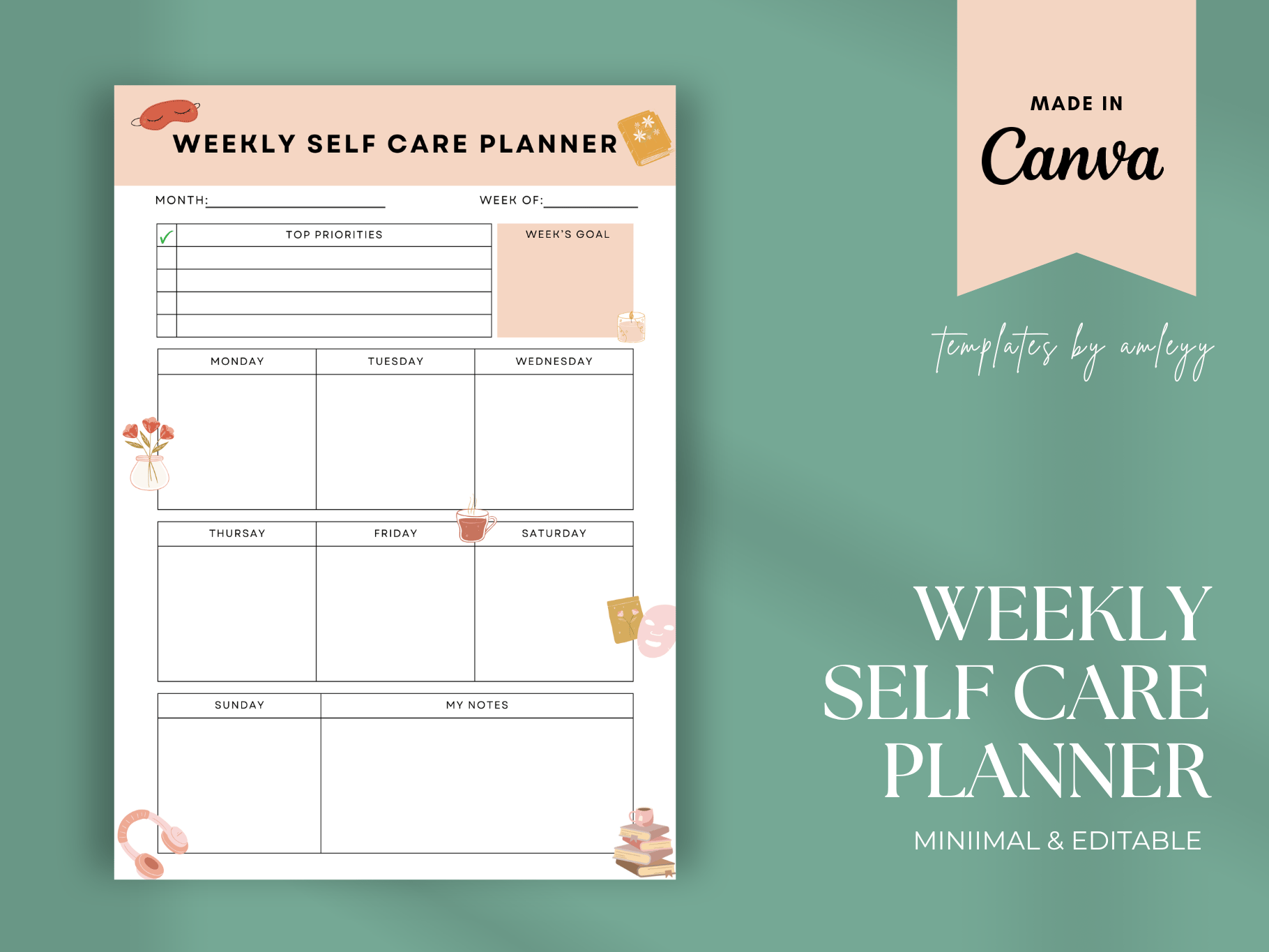 Weekly Self-Care Planner Template | Canva Editable Wellness Planner ...