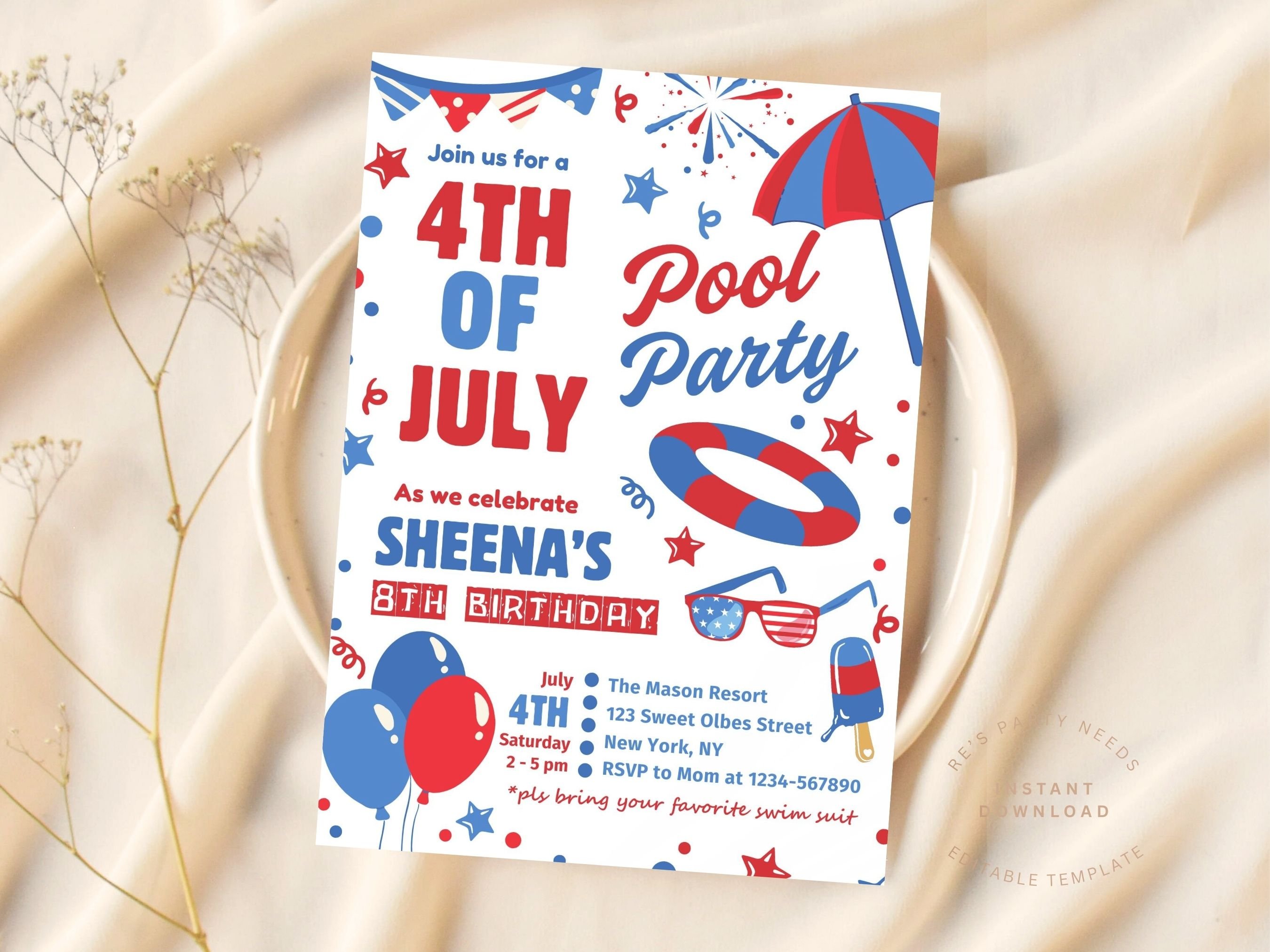 Editable 4th of July Birthday Invitation, July 4th Pool Party Invite ...