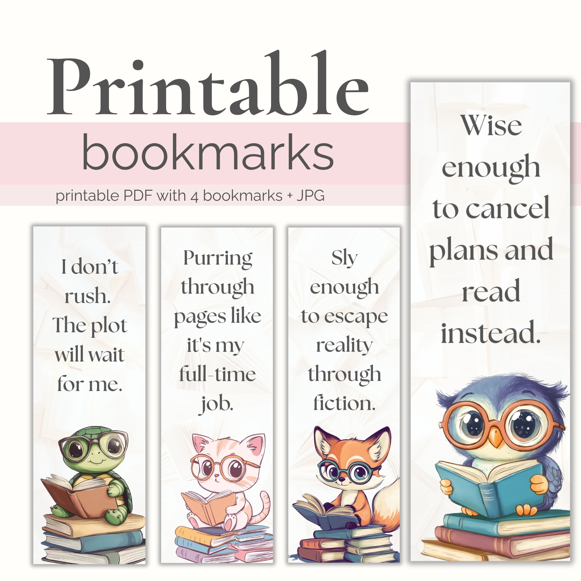 Printable Bookmarks with Cute Animals Reading and Witty Quotes for Book ...