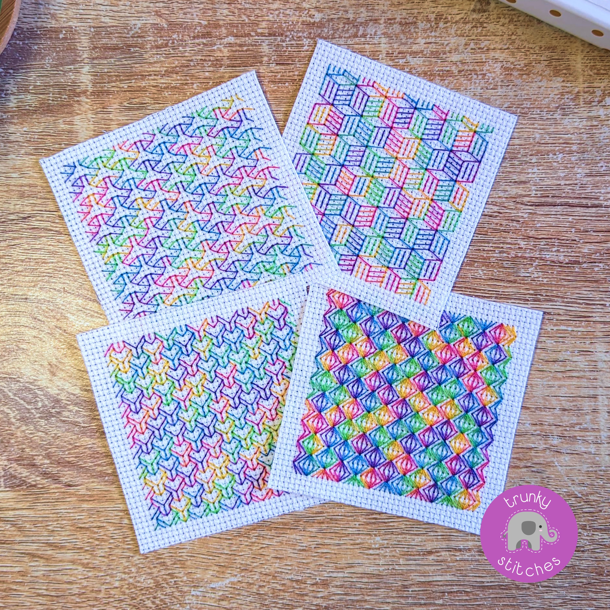 Set of 4 rainbow optical illusion blackwork coaster patterns