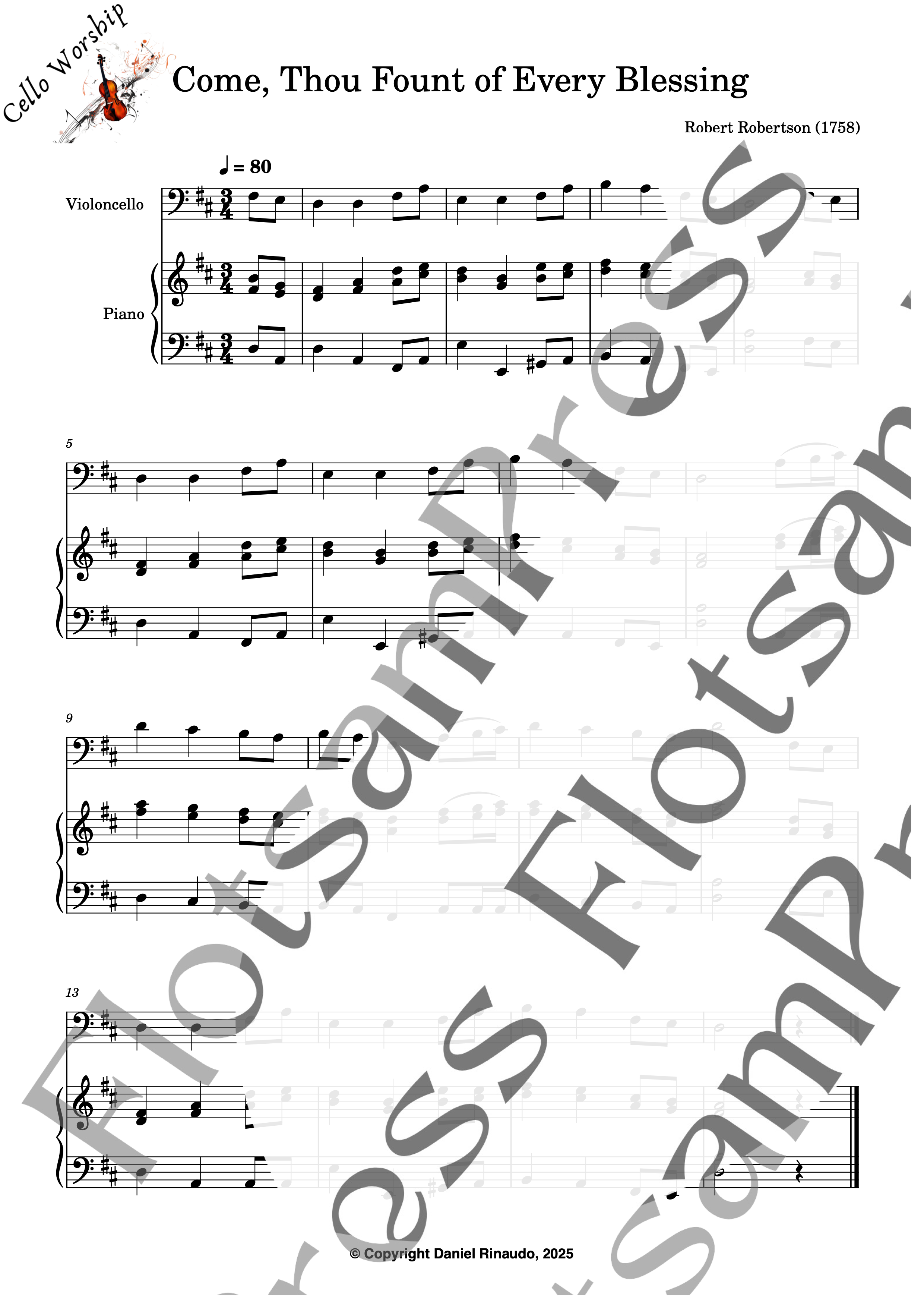 Come, Thou Fount of Every Blessing – Beginner/Easy Cello with Piano ...