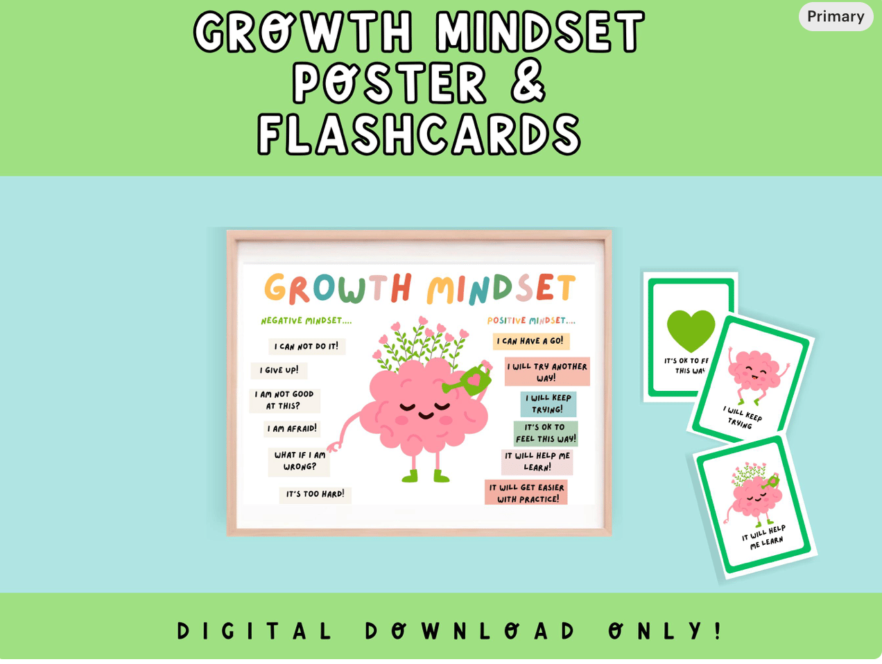 Growth Mindset Poster and flash cards, Calming Corner Print Affirmation ...