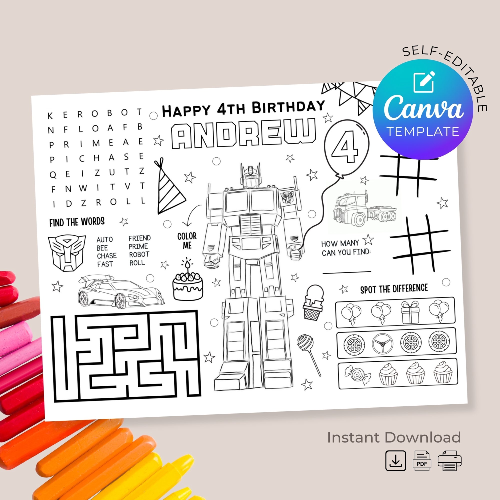 Transformers Birthday Placemat Activity Page