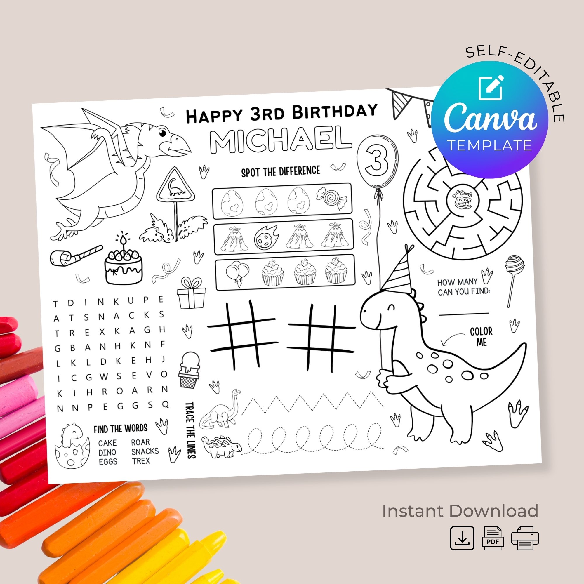 Dinosaur Birthday Placemat Activity Page