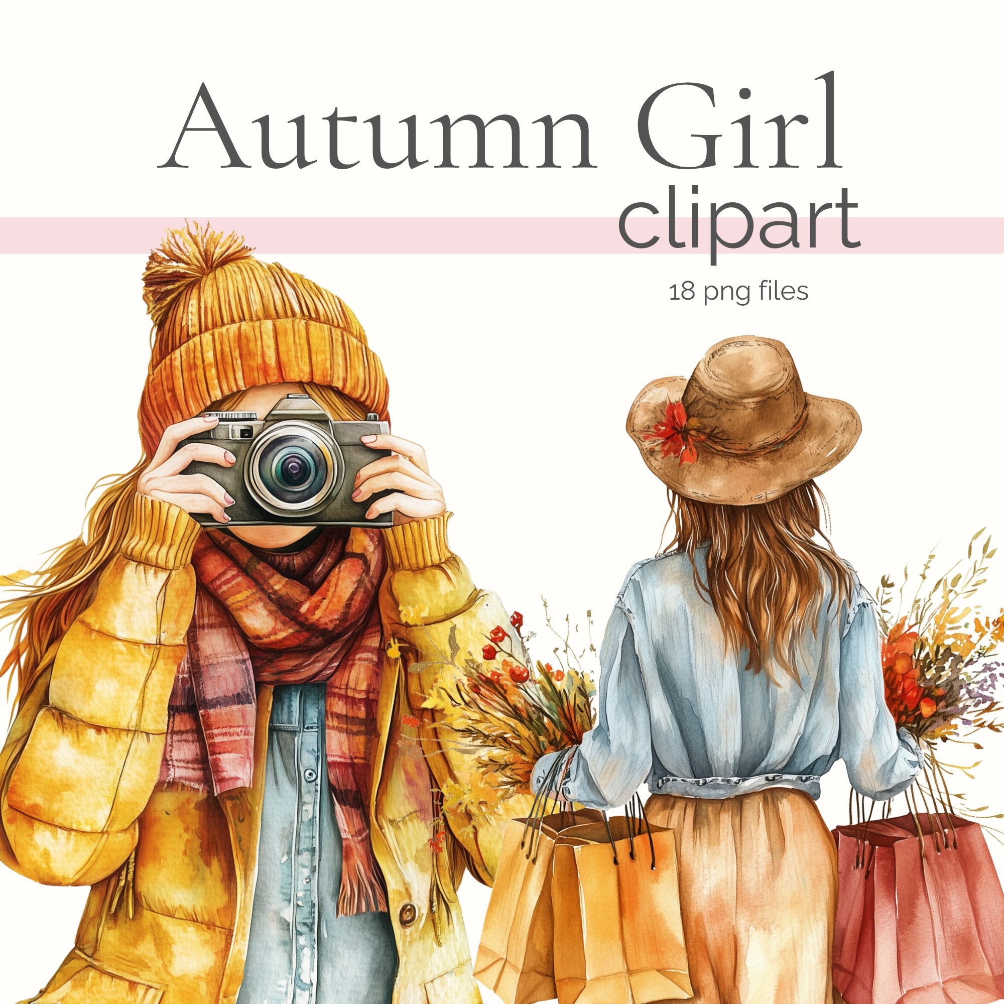 Watercolor Autumn Girl Clipart, Cozy Fall Clipart Bundle - Payhip