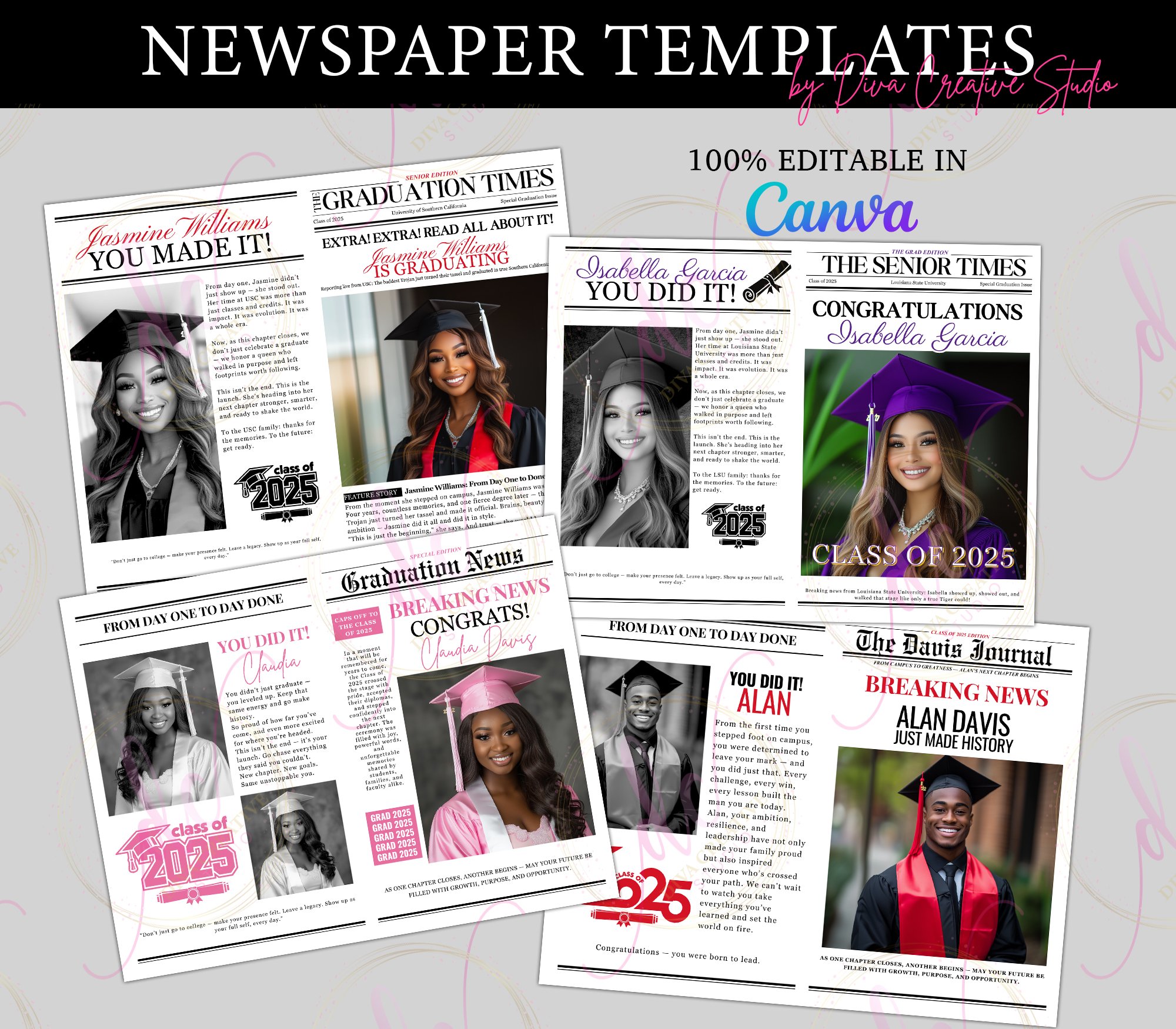 Graduation Newspaper Templates - 4 Styles (Canva User Only)