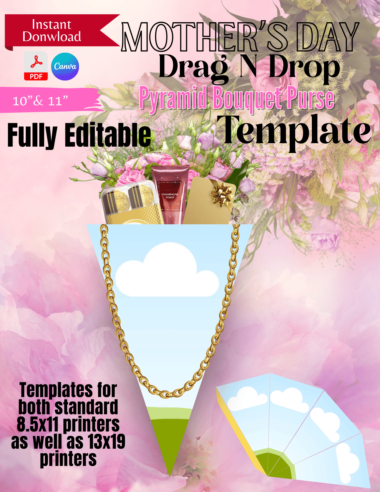 Drag N Drop Pyramid Bouquet Purse and Base Gift Box Template Bundle ...