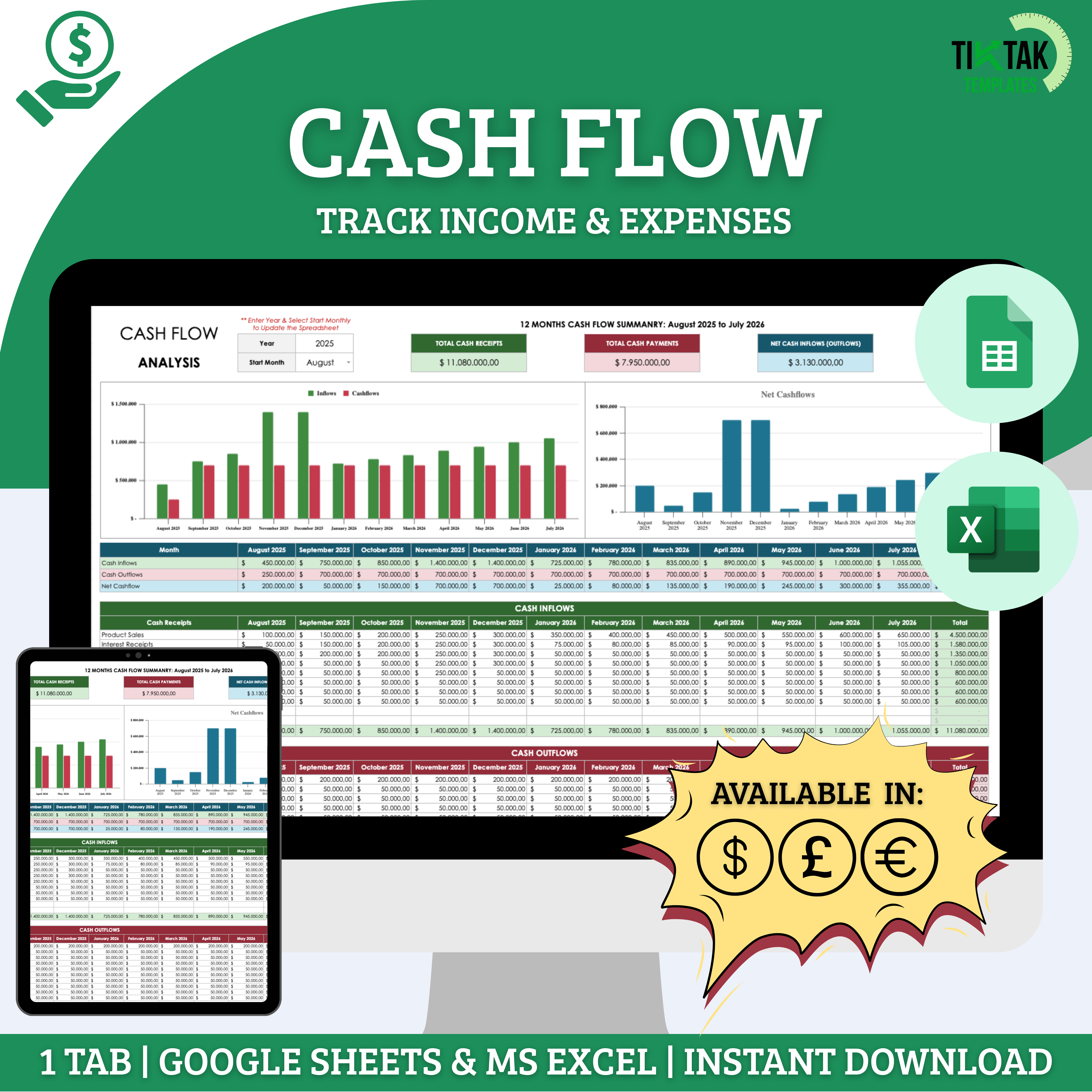 Cash Flow Tracker – Income & Expense Spreadsheet (Excel & Google Sheets ...
