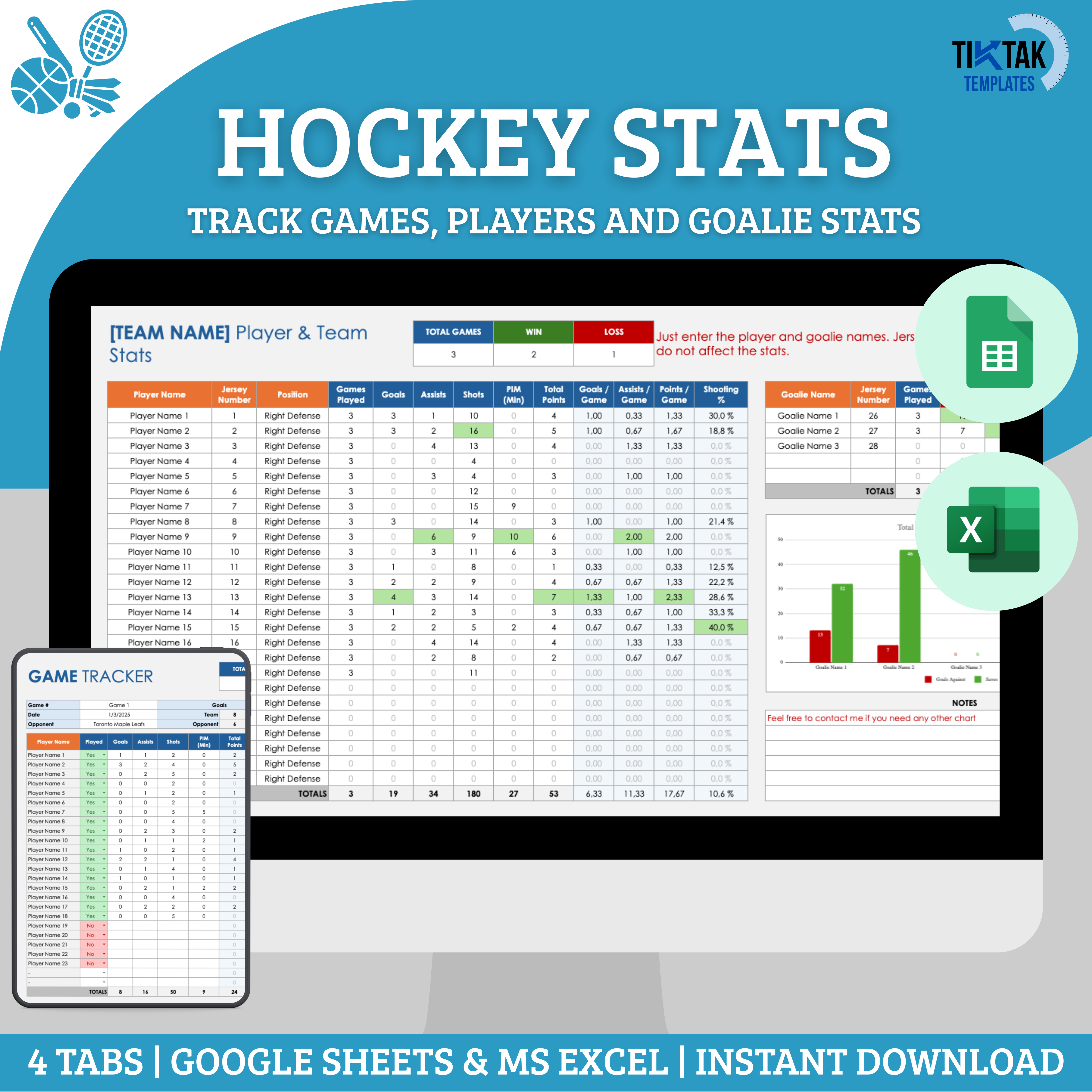 Hockey Stats Tracker – Player, Goalie & Team Sheet (Excel & Google ...