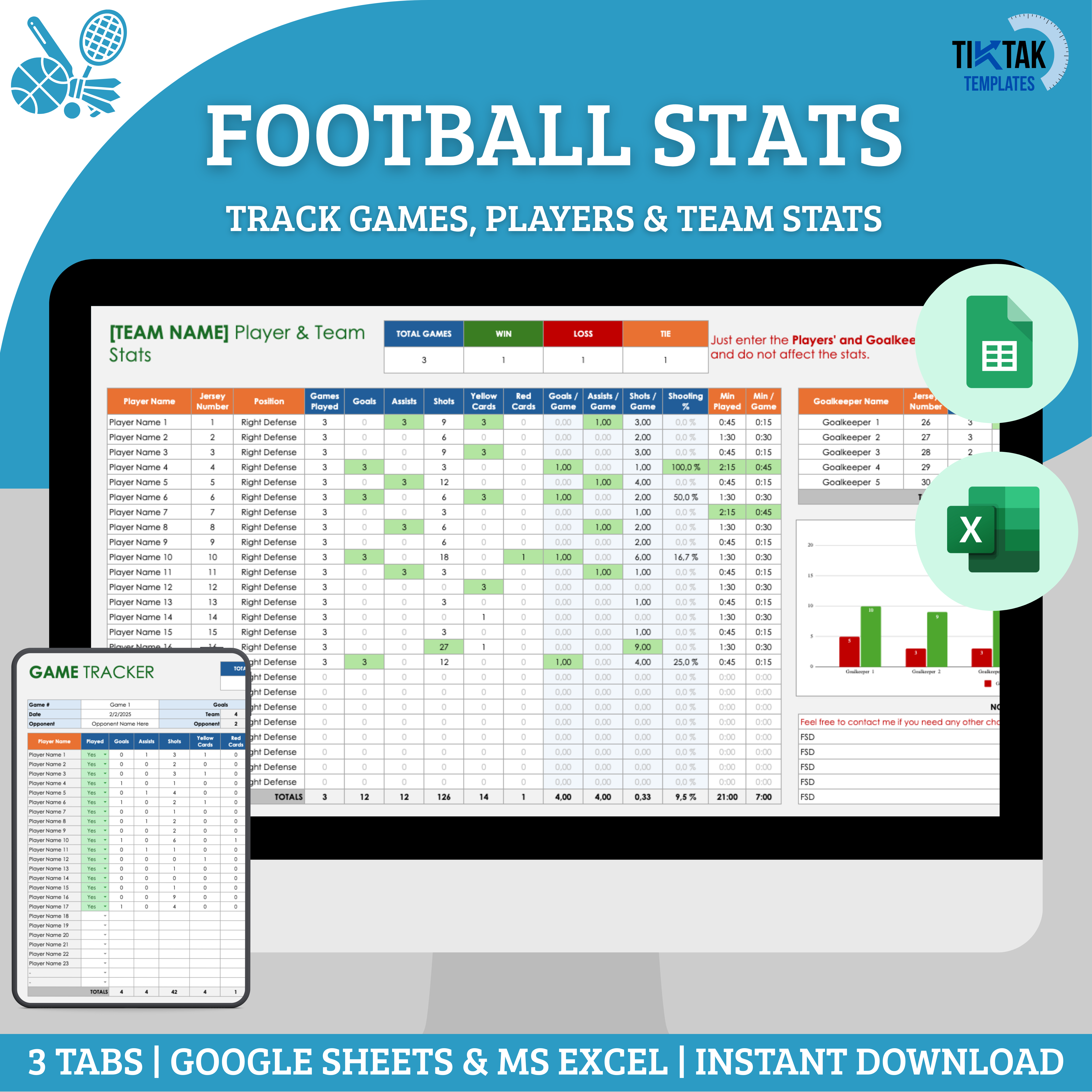 Football Stats Tracker – Player, Goalkeeper & Team Sheet (Excel ...