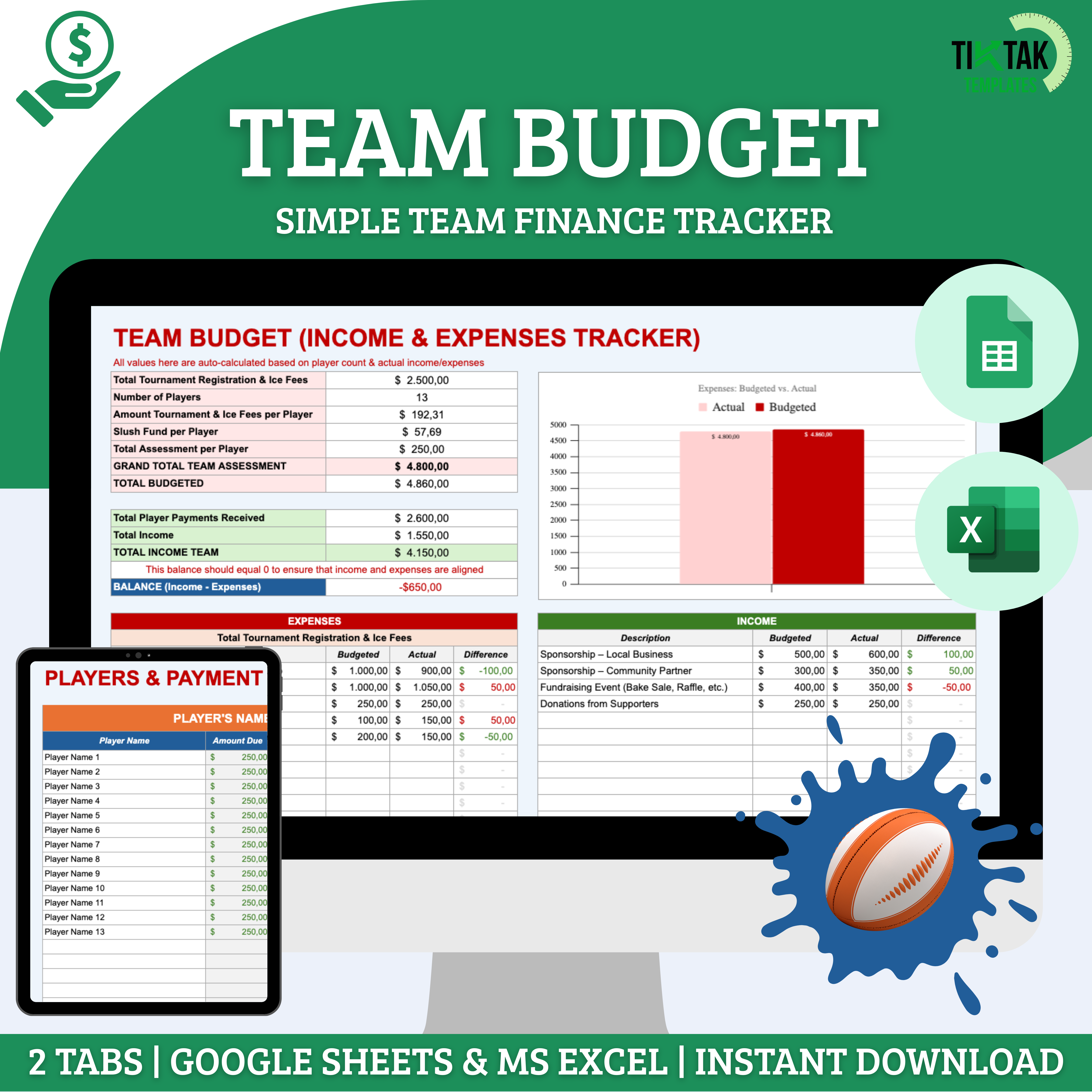 Rugby Team Budget & Payment Tracker | Excel & Google Sheets | Manage ...