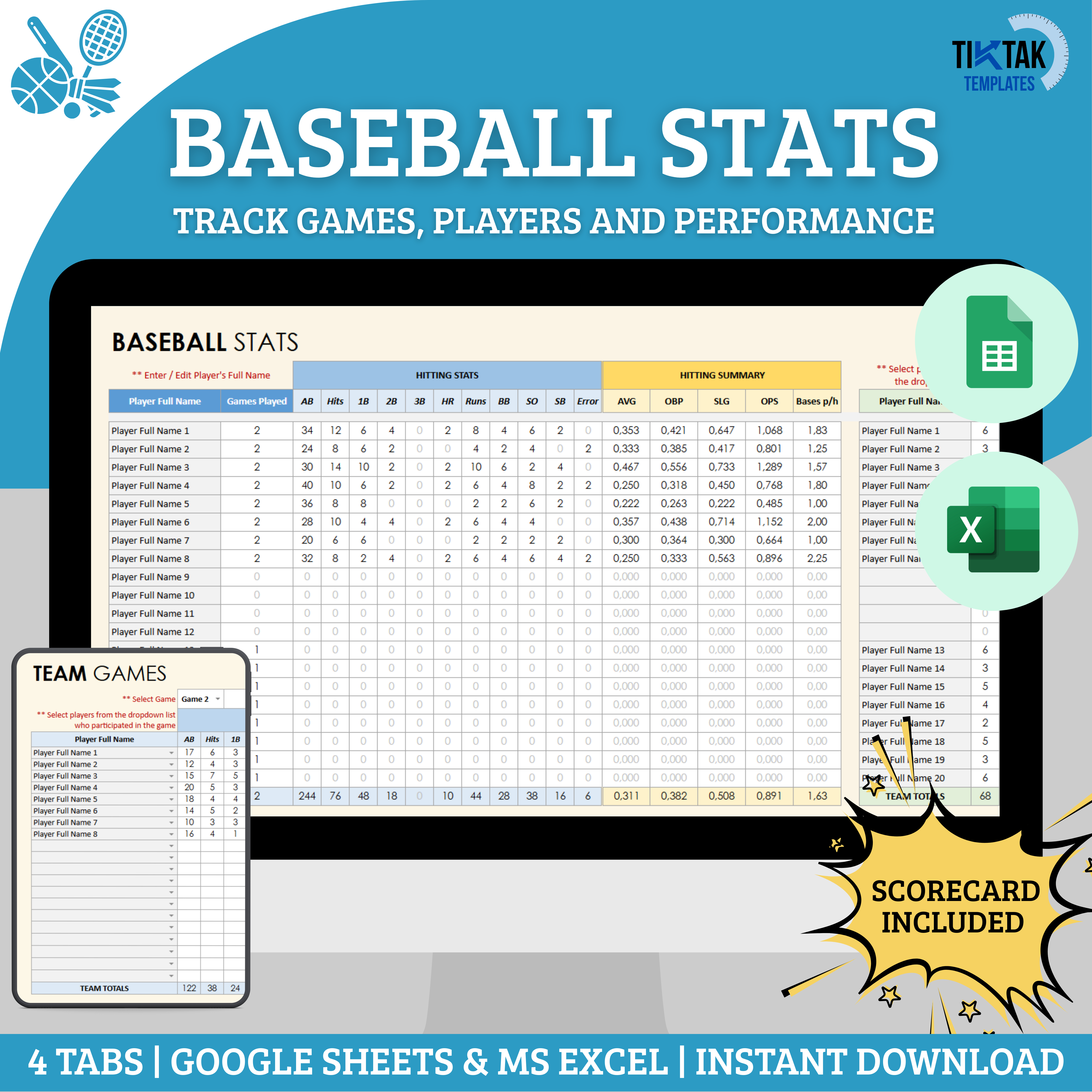 Baseball Stats Tracker – Player & Team Performance Spreadsheet (Excel ...
