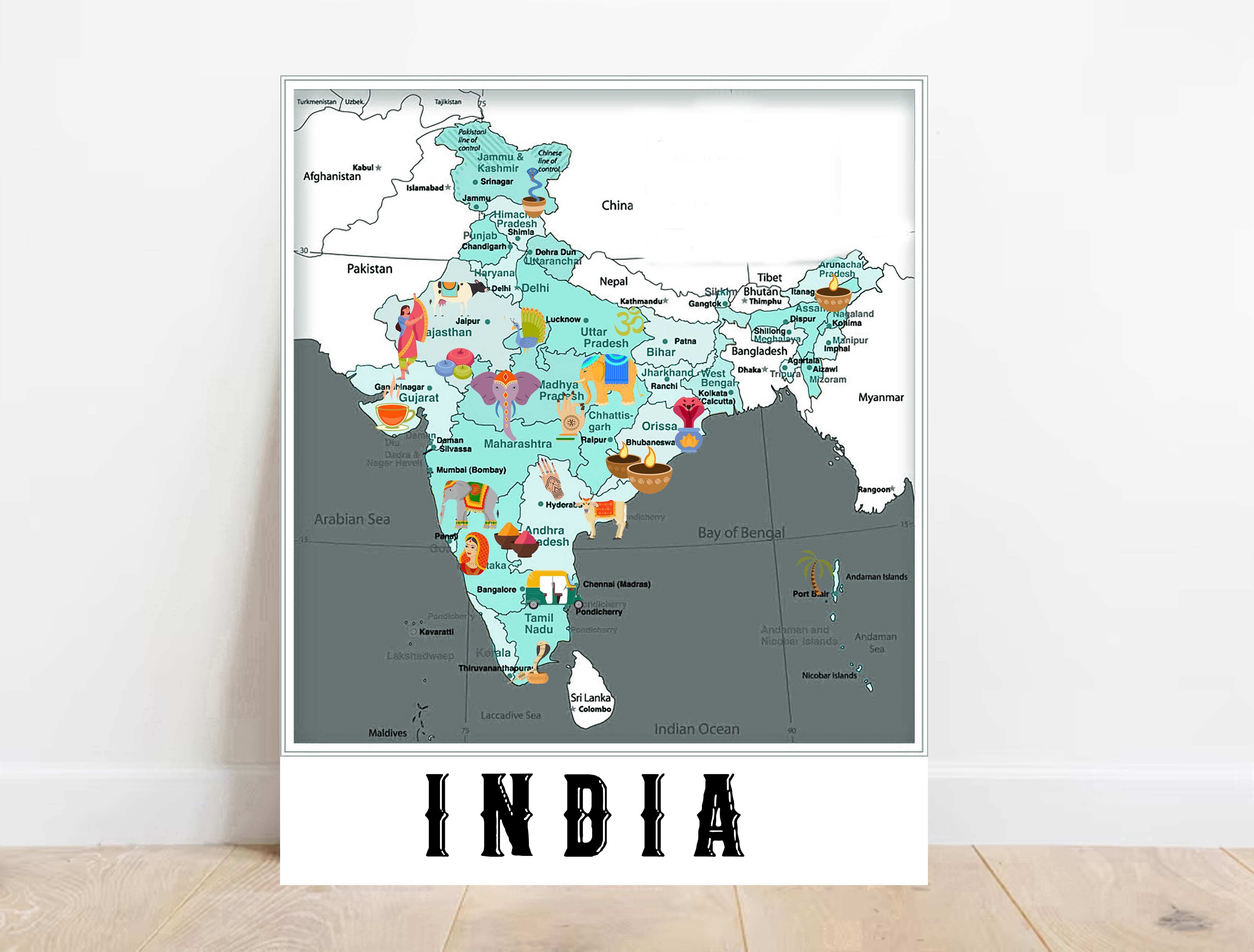 illustrated India map print Digital map of India printable Blue India ...