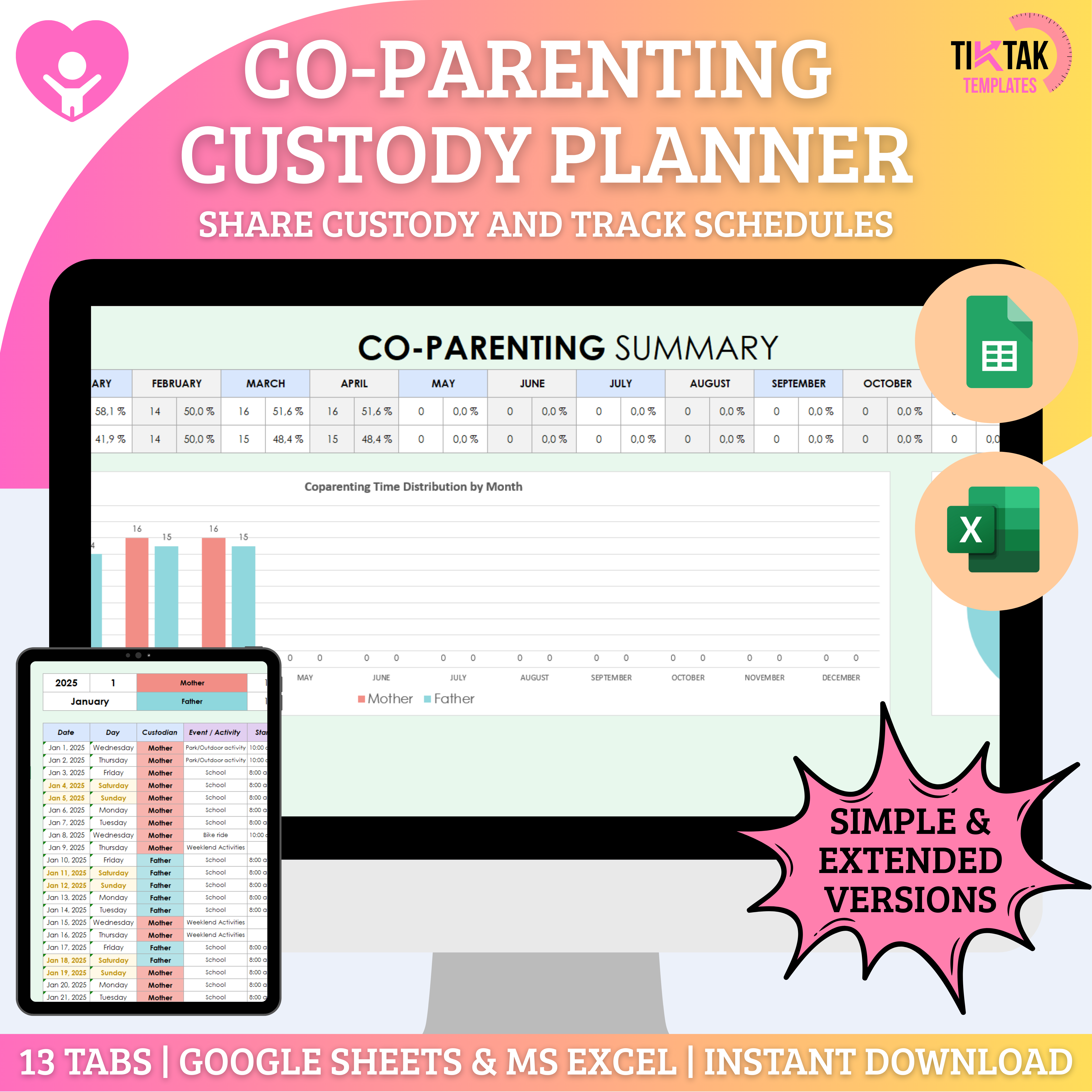 Co-Parenting Custody Planner – Shared Custody Calendar & Tracker (Excel ...