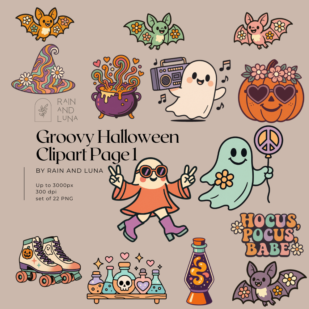 🧡👻 Groovy Halloween Clipart Bundle – Retro 70s Style PNGs Bring the ...