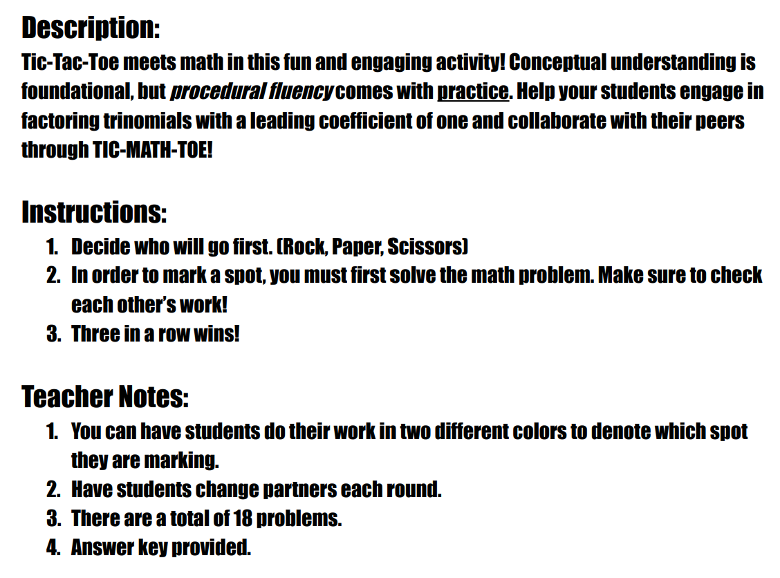TIC-MATH-TOE - Factoring Trinomials - Leading Coefficient of One