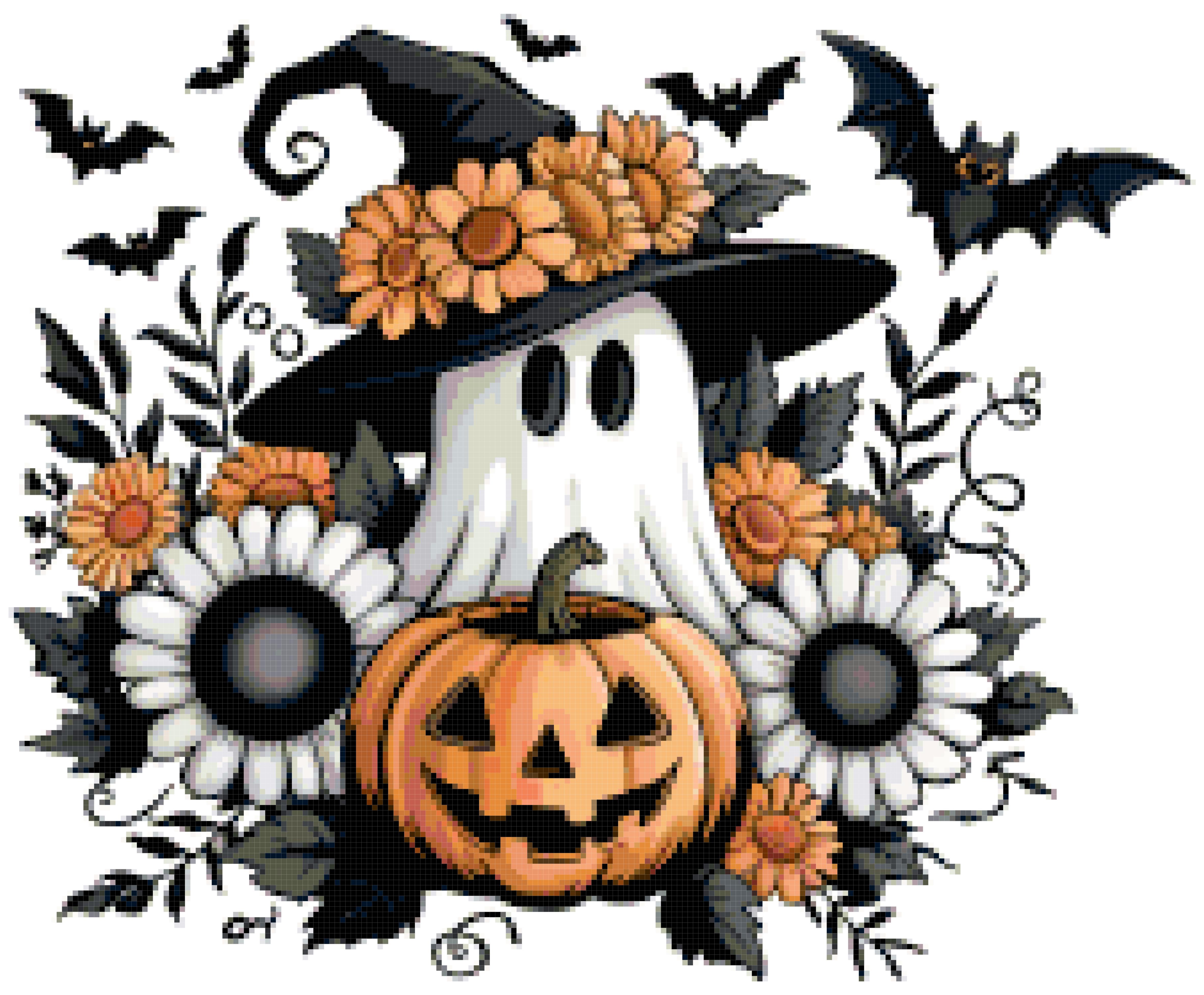 Spooky Cute Ghost with Pumpkin & Flowers - Halloween Cross Stitch ...