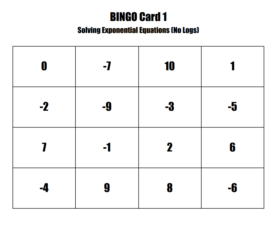 MATH BINGO_Solving Exponential Equations (No Logs)