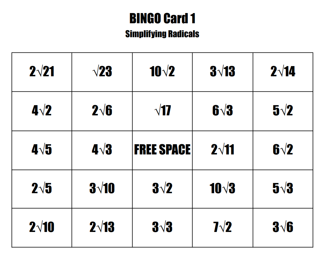 MATH BINGO - Simplifying Radicals