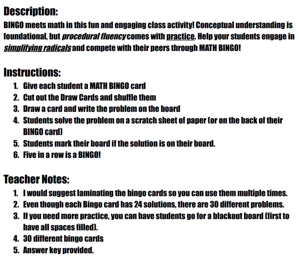 MATH BINGO - Simplifying Radicals